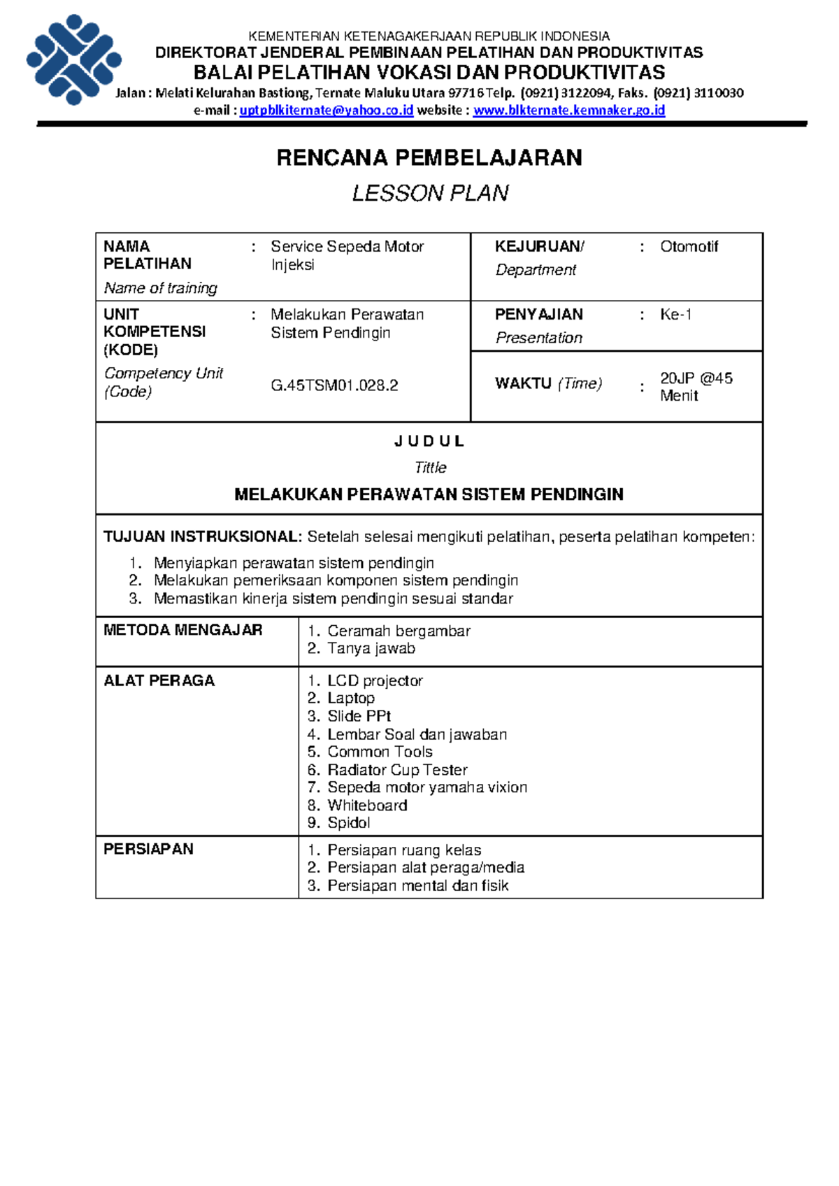 01-Lesson Plan-2 - Adr - KEMENTERIAN KETENAGAKERJAAN REPUBLIK INDONESIA ...