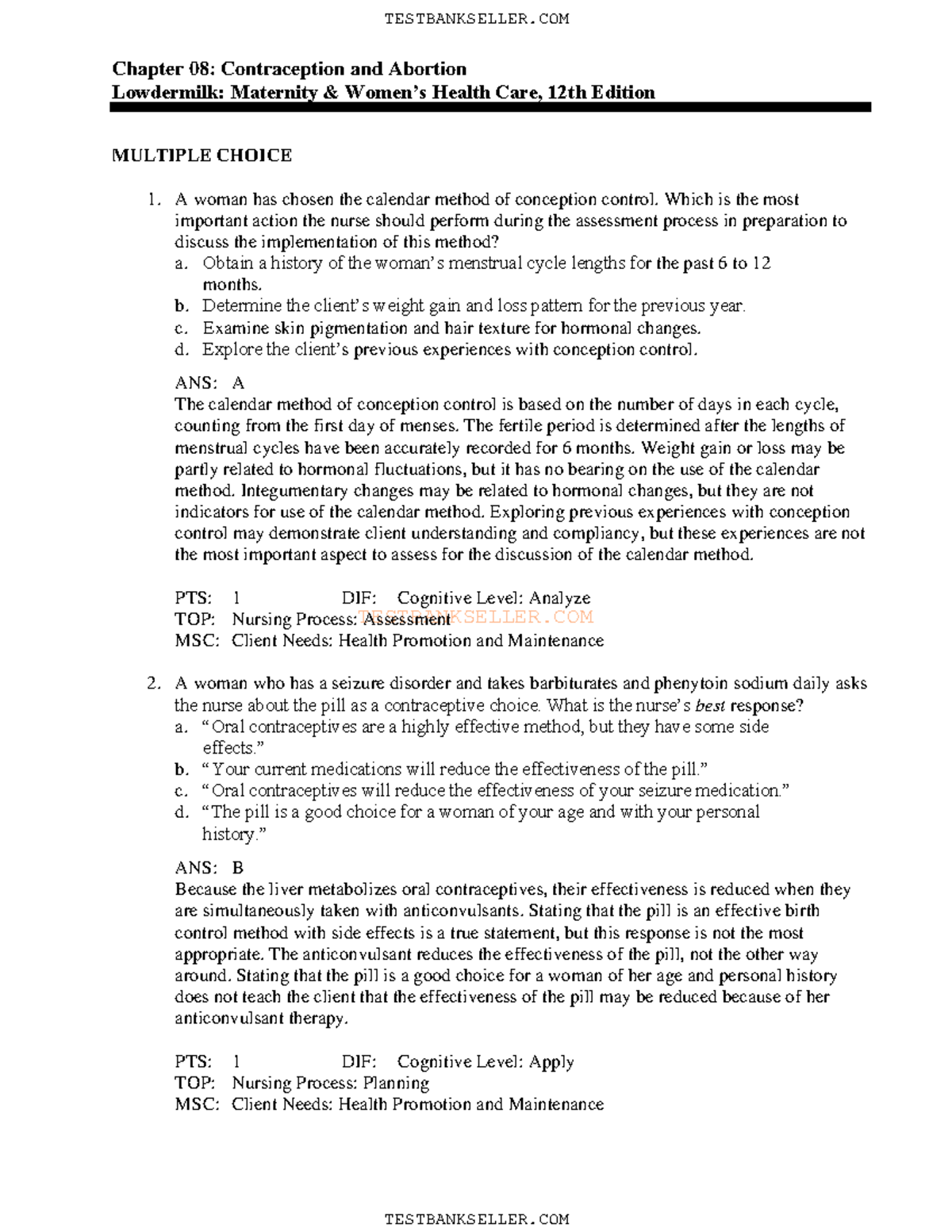 08 - test bank - TESTBANKSELLER Chapter 08: Contraception and Abortion ...