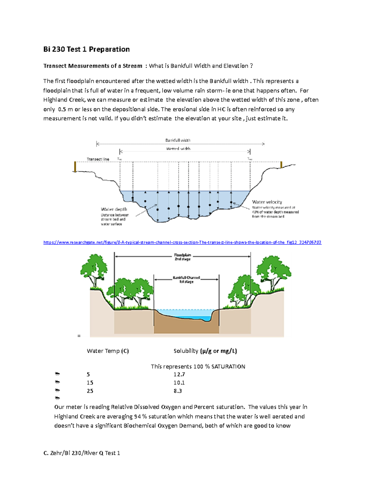 River Questions +Chem Values 2019 - Bi 230 Test 1 Preparation Transect ...