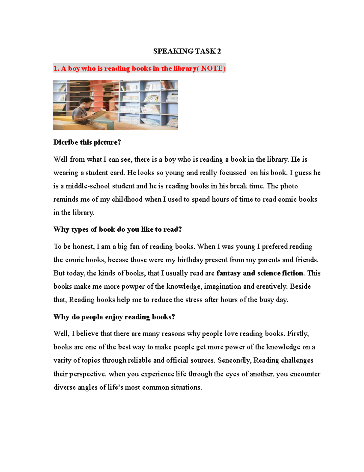 Speaking TASK 2 - English - SPEAKING TASK 2 A boy who is reading books ...