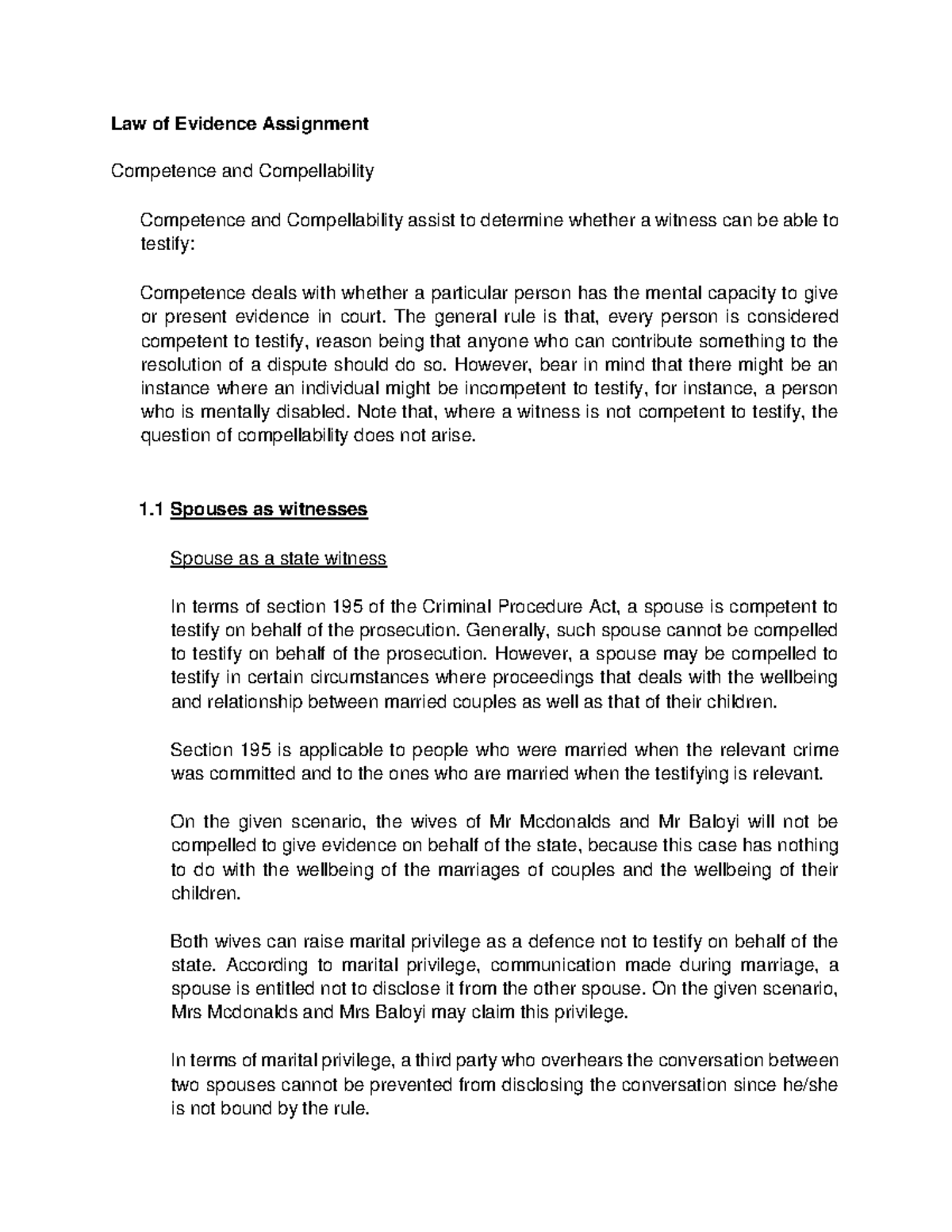 LEV3701 Assignment 01 - Law of Evidence Assignment Competence and ...