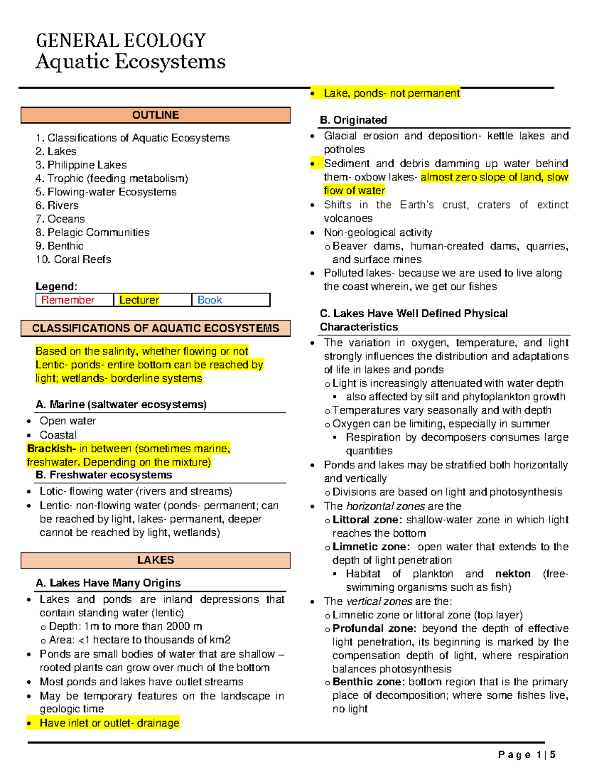 Bio426 Lecture 5 Aquatic Ecosystems-Notes - GENERAL ECOLOGY Aquatic ...
