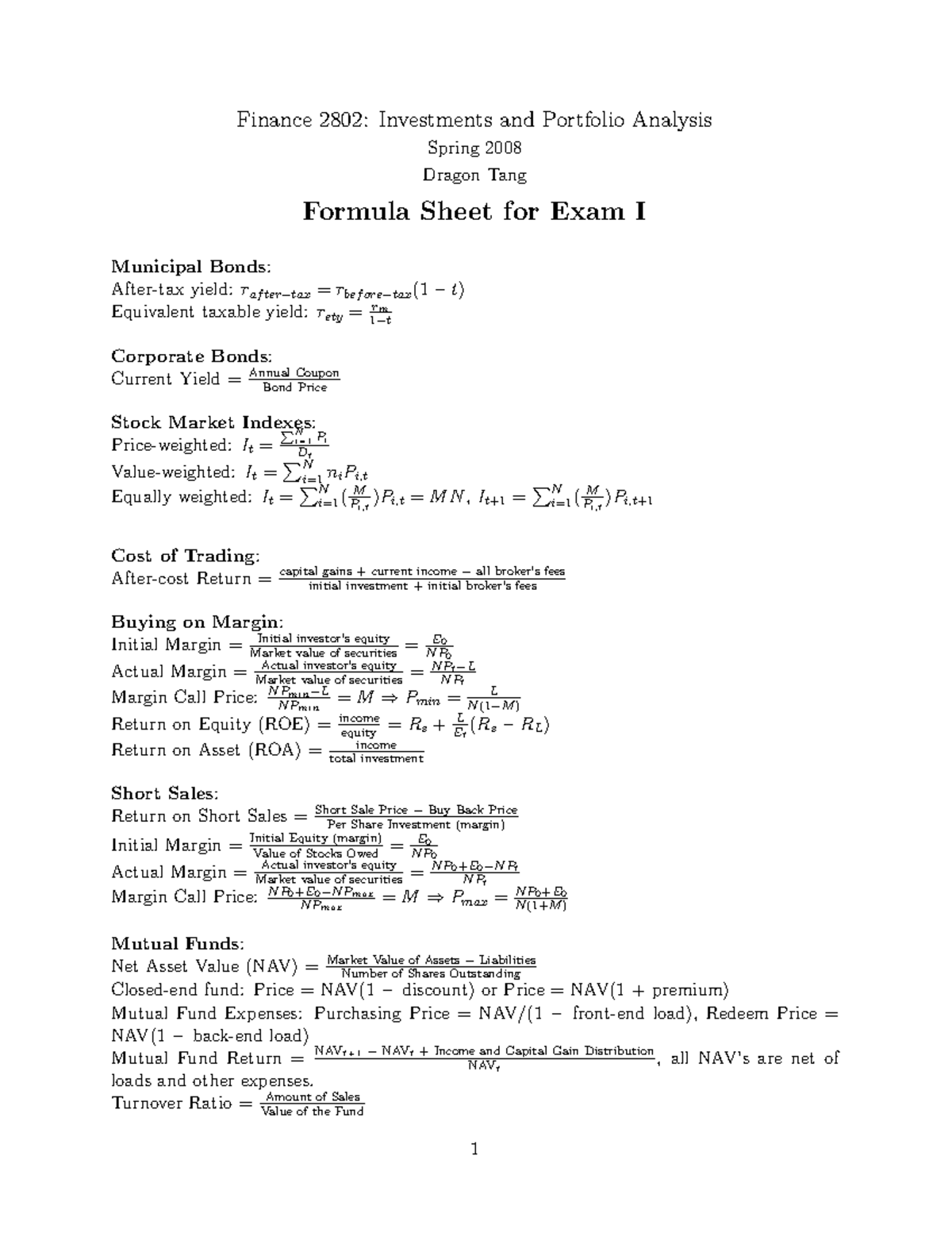 Formula Sheet Exam I - Finance 2802: Investments and Portfolio Analysis ...
