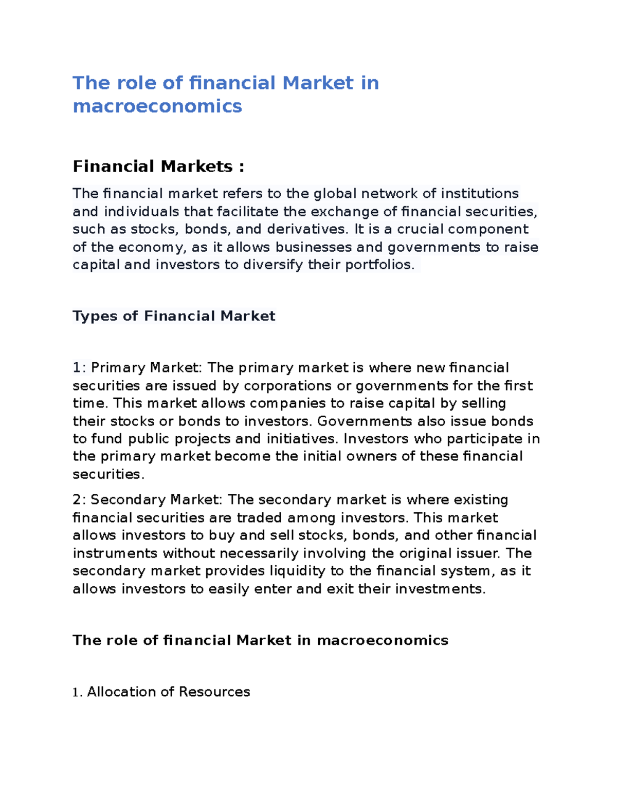The role of financial Market in macroeconomics l - The role of ...