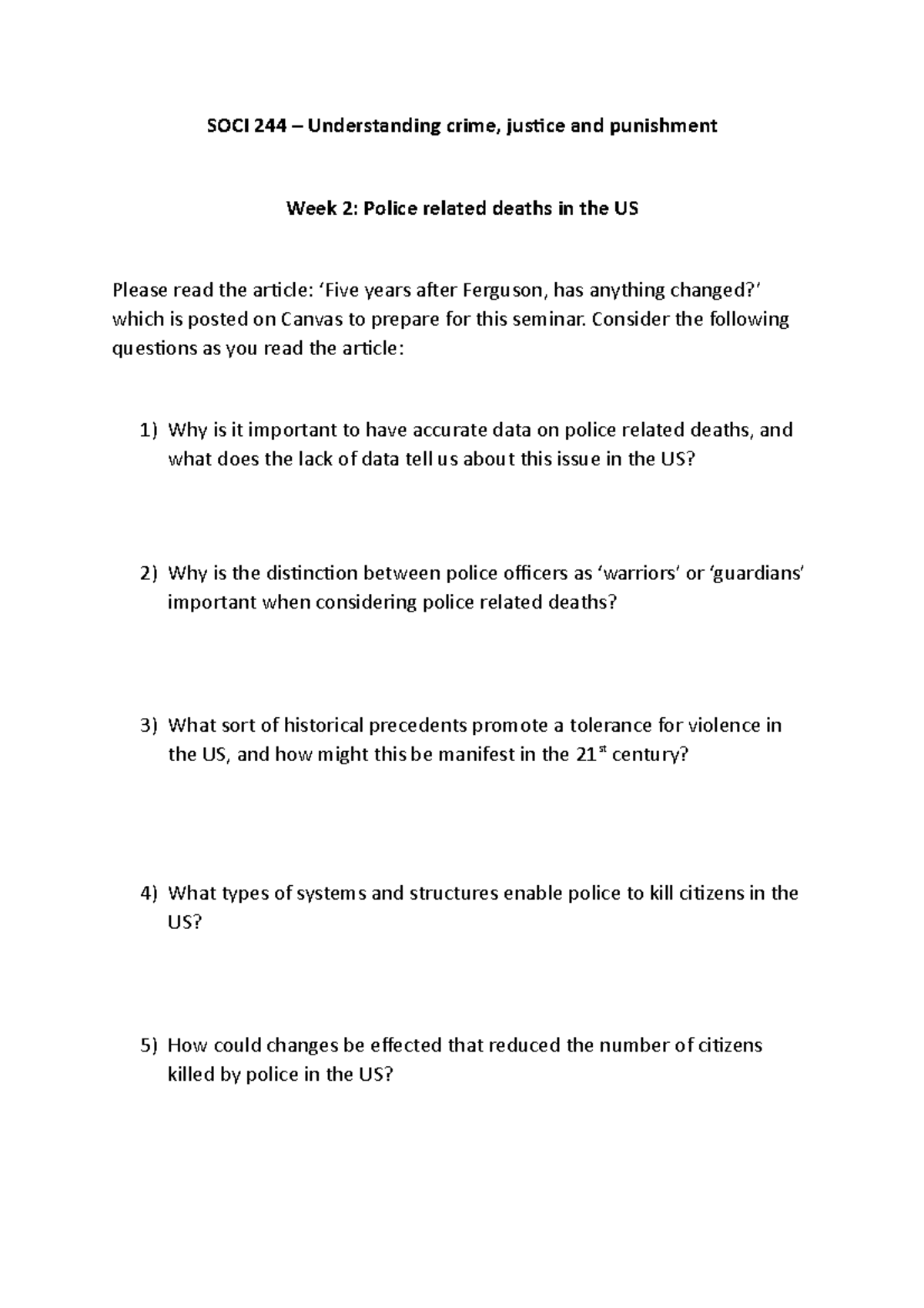 Week 2 seminar policing - SOCI 244 – Understanding crime, justice and ...