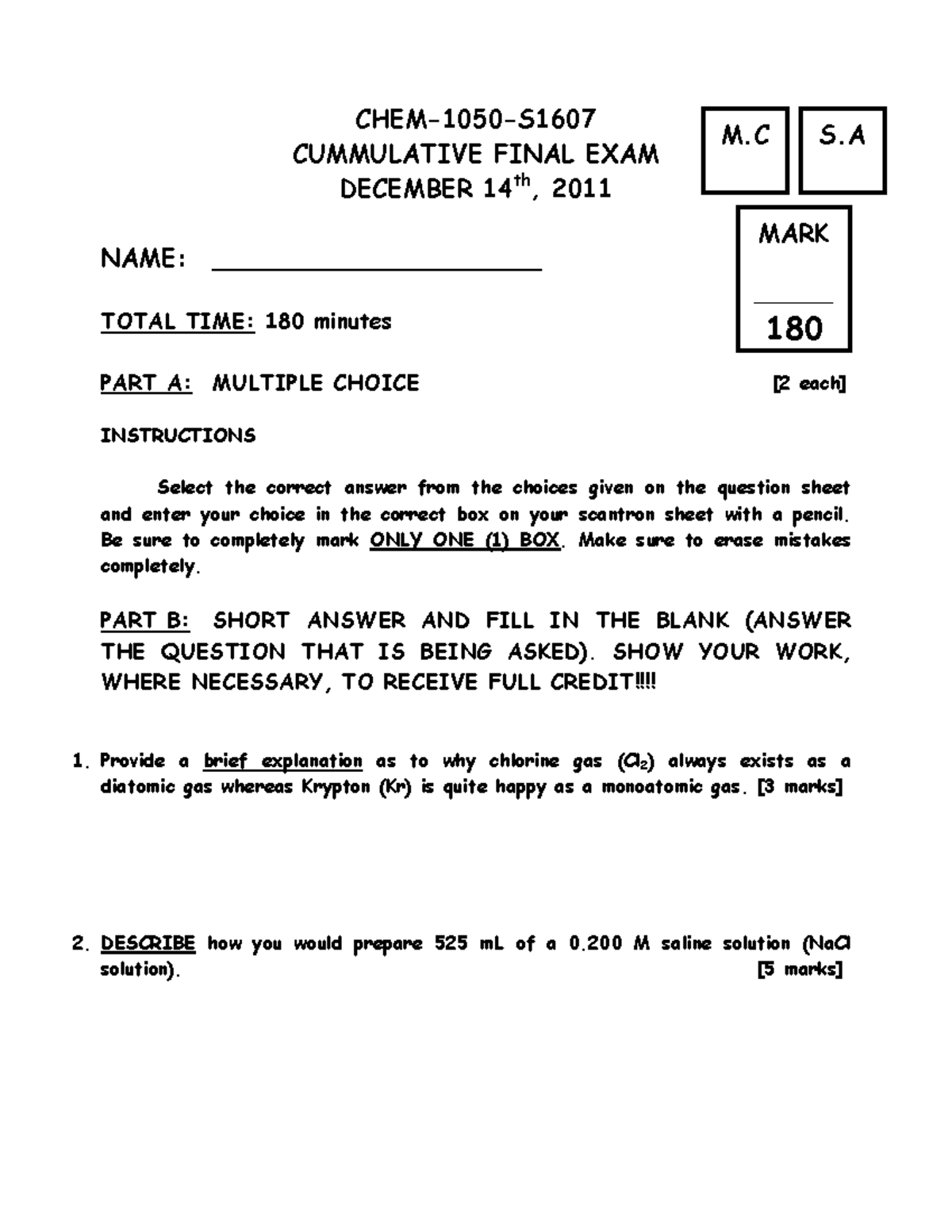 Final Cummulative Exam December 14th, 2011 - CHEM-1050-S CUMMULATIVE ...