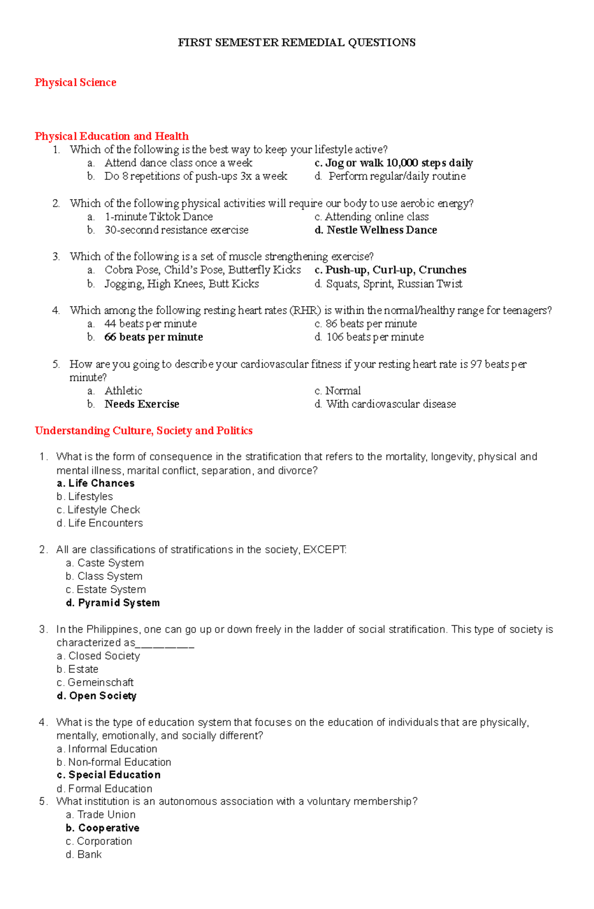First Semester Remedial Questions - FIRST SEMESTER REMEDIAL QUESTIONS ...