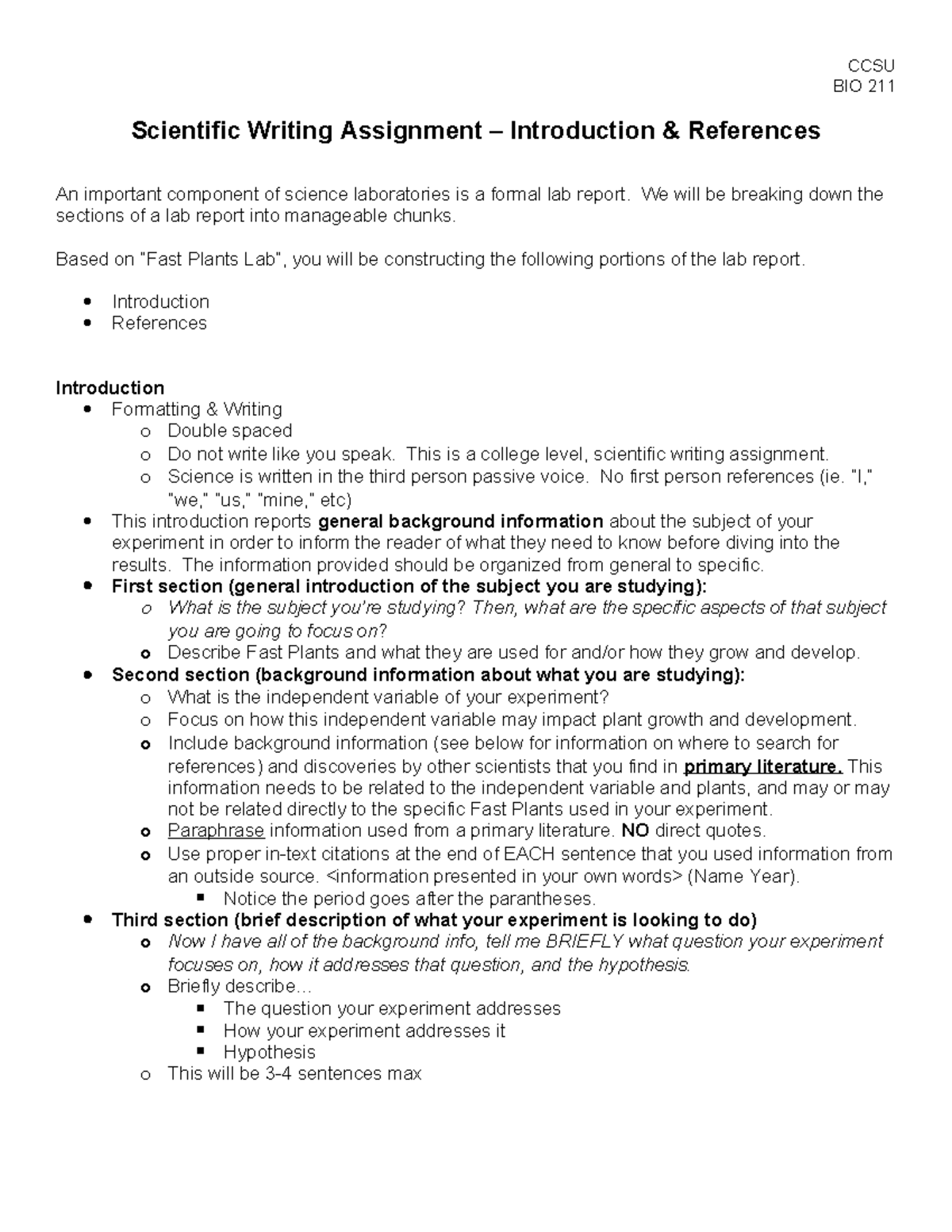 02 BIO 211 Scientific Writing Assignment Intro and References Fast Plants - CCSU BIO 211 ...