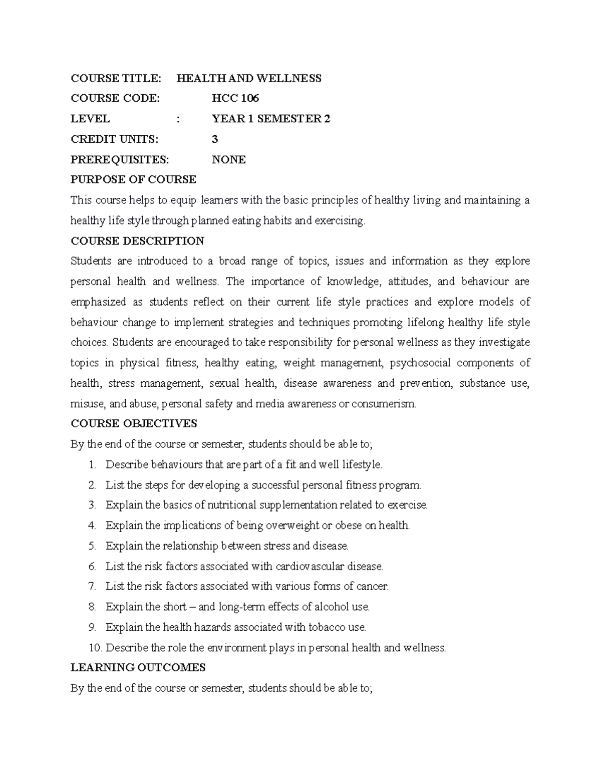 Health and Wellness - COURSE TITLE: HEALTH AND WELLNESS COURSE CODE ...