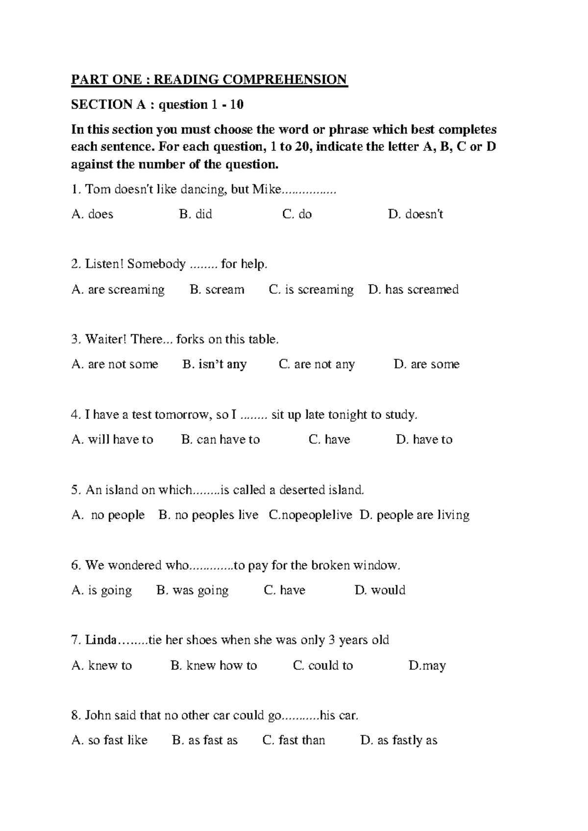 DE THI B1 - Đề ôn B1 - PART ONE : READING COMPREHENSION SECTION A ...