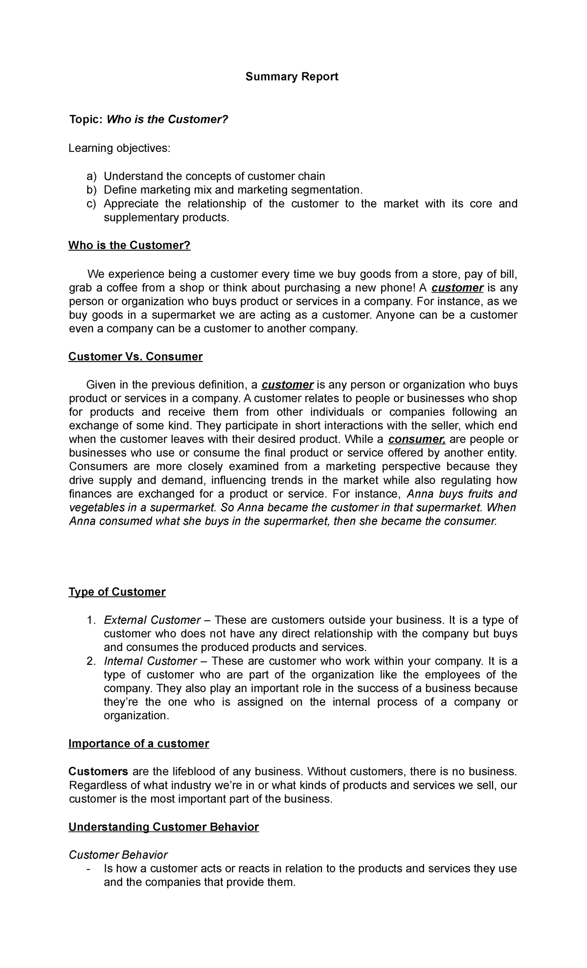 Group 1 Summary Report - GE6 Customer Relations - Summary Report Topic ...