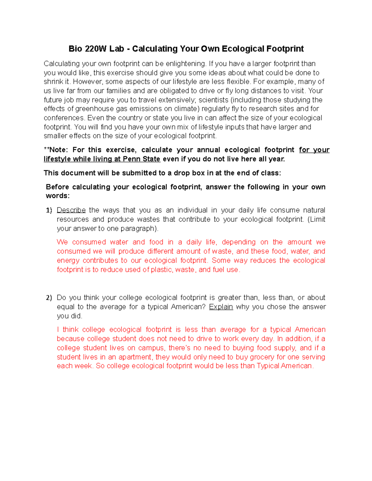 Ecological Footprint Worksheet - Bio 220W Lab - Calculating Your Own ...