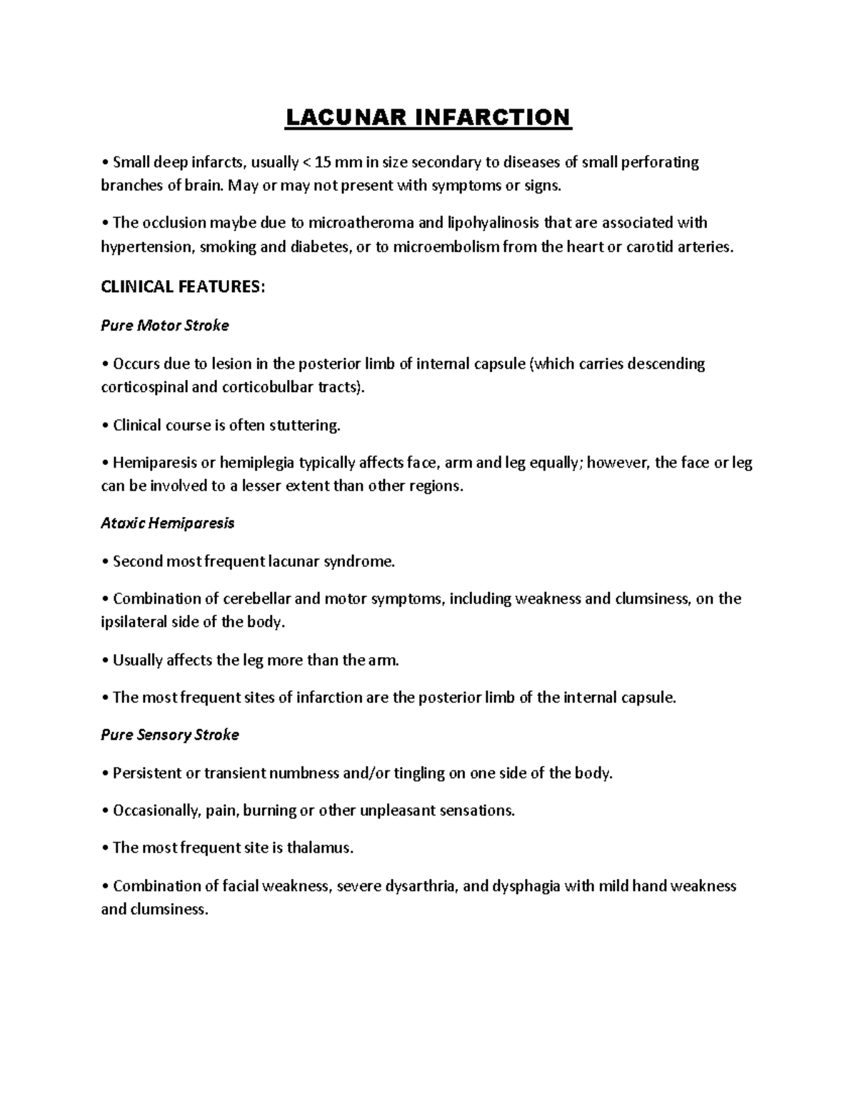 Lacunar Infarction - Lecture notes 5 - LACUNAR INFARCTION Small deep ...
