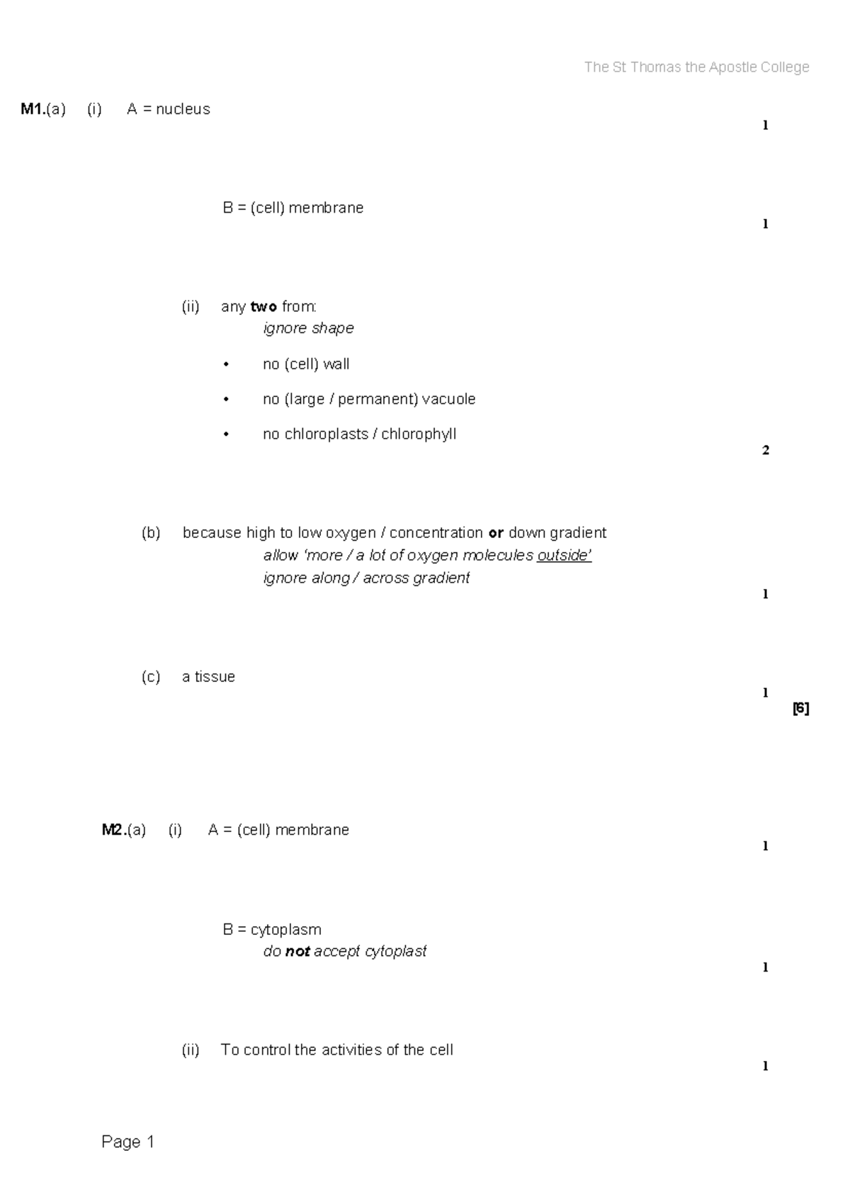 B1 cell structure and transport mark scheme - M1.(a) (i) A = nucleus 1 ...