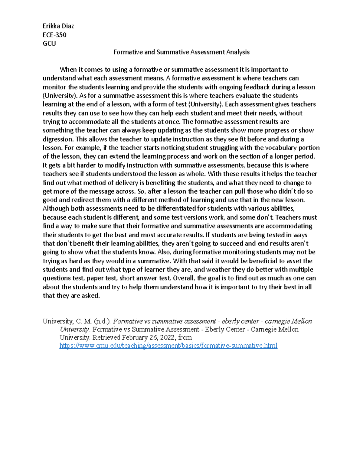 Ece 350 T3 Formative And Summative Assessment Analysis Erikka Diaz Ece Gcu Formative And