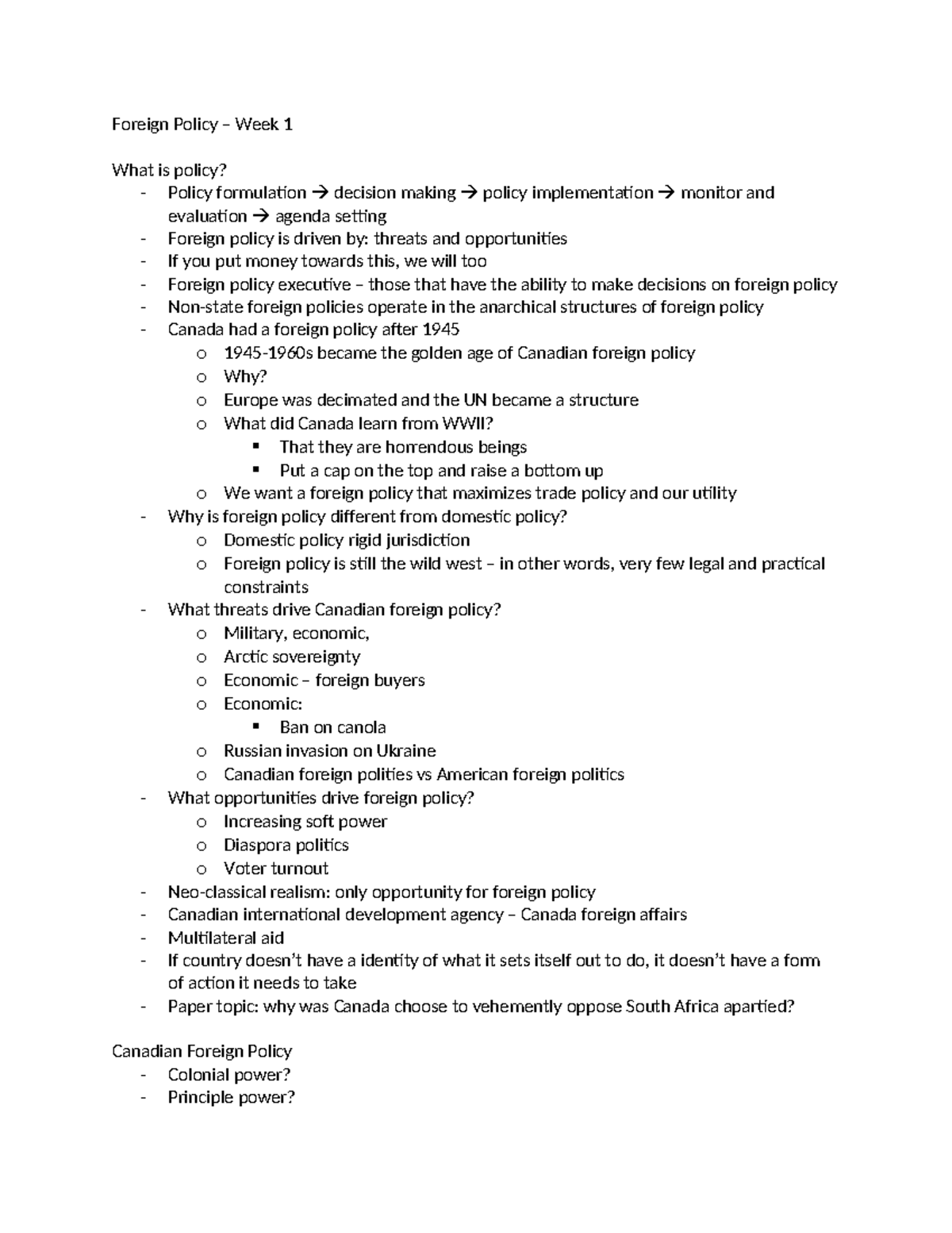 Week 1 Lecture Notes - Foreign Policy – Week 1 What is policy? - Policy ...