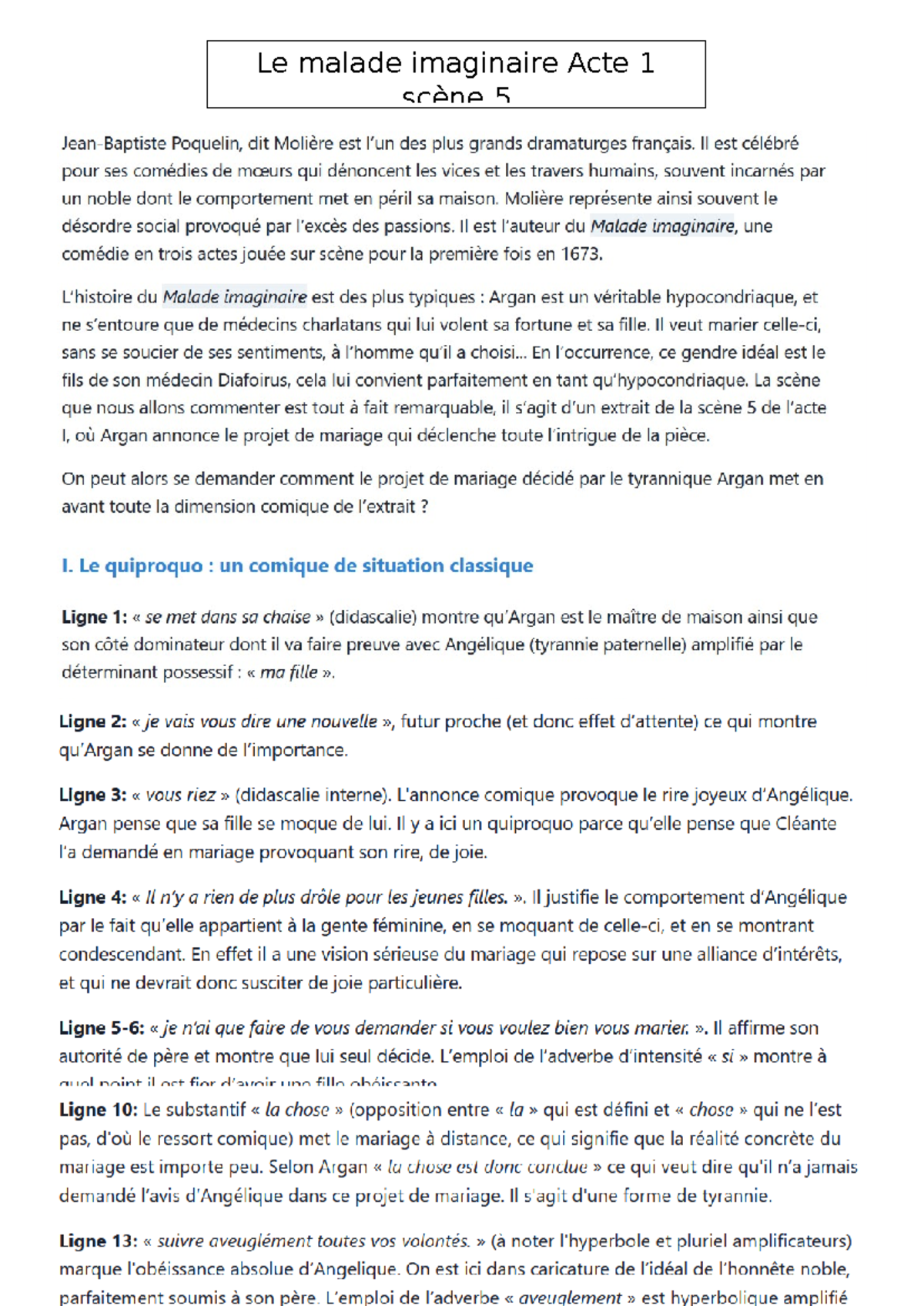 Acte 3 scene 5 - Analyse lineaire - Le malade imaginaire Acte 1 scène 5 ...
