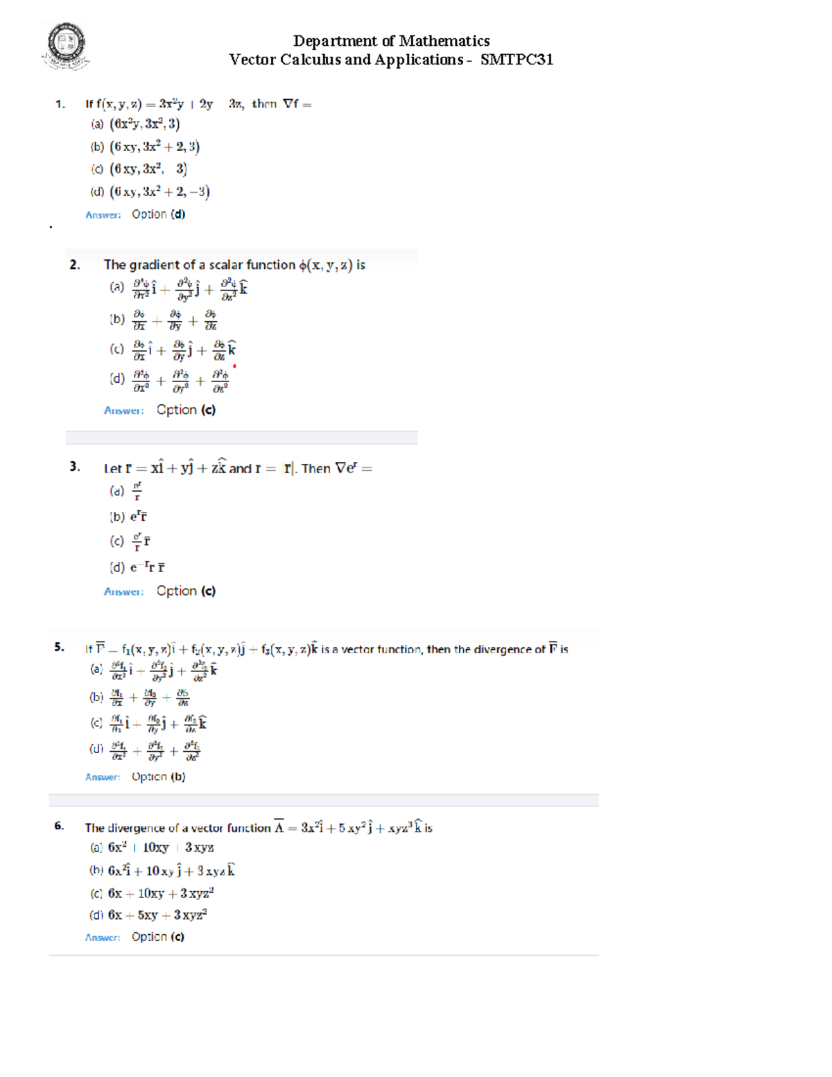 II B.Sc Maths Vector calculus mcq - vector calculs and its application - Department of ...