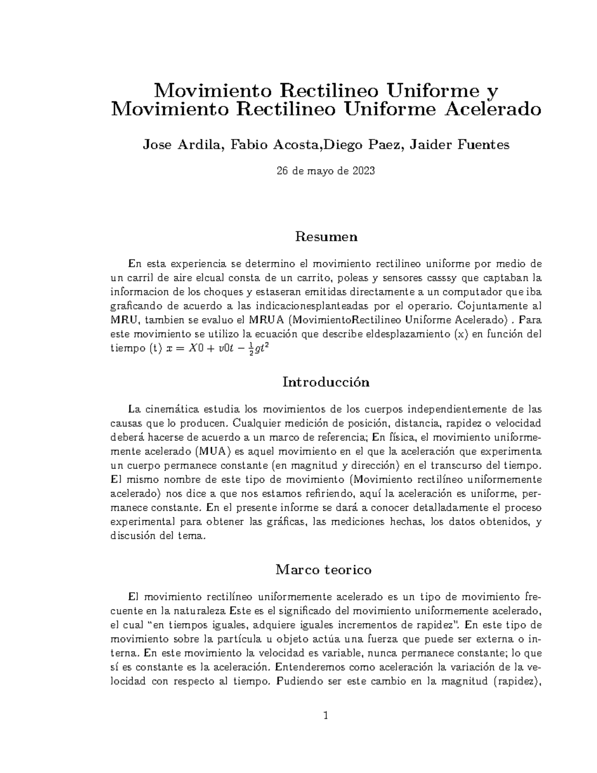 Informe MRU Y MRUA - dsadsa - Movimiento Rectilineo Uniforme y Movimiento Rectilineo Uniforme ...