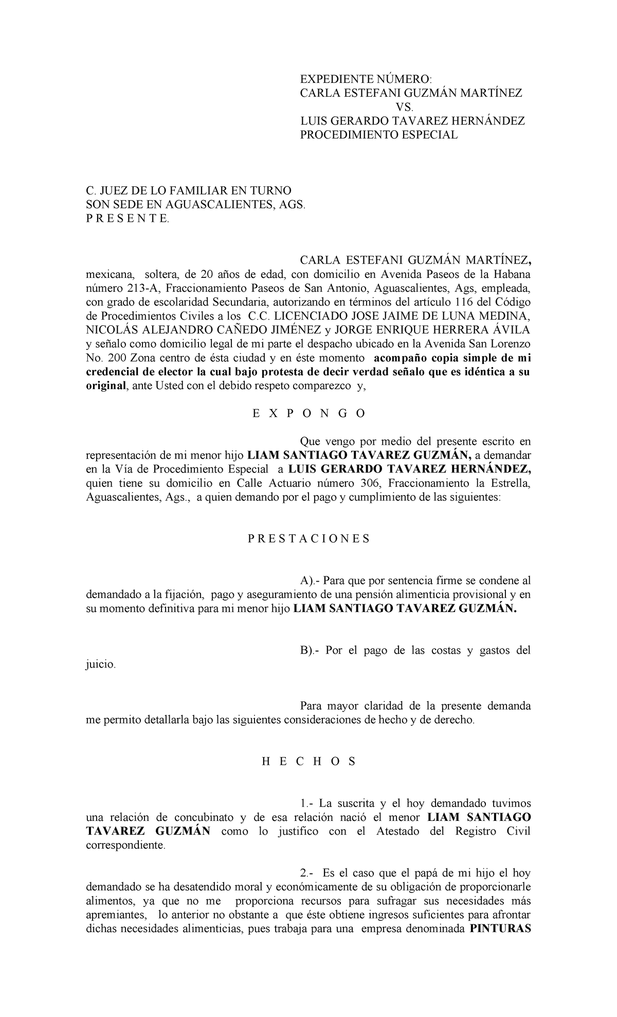 Demanda Alimentos - EXPEDIENTE NÚMERO: CARLA ESTEFANI GUZMÁN MARTÍNEZ ...