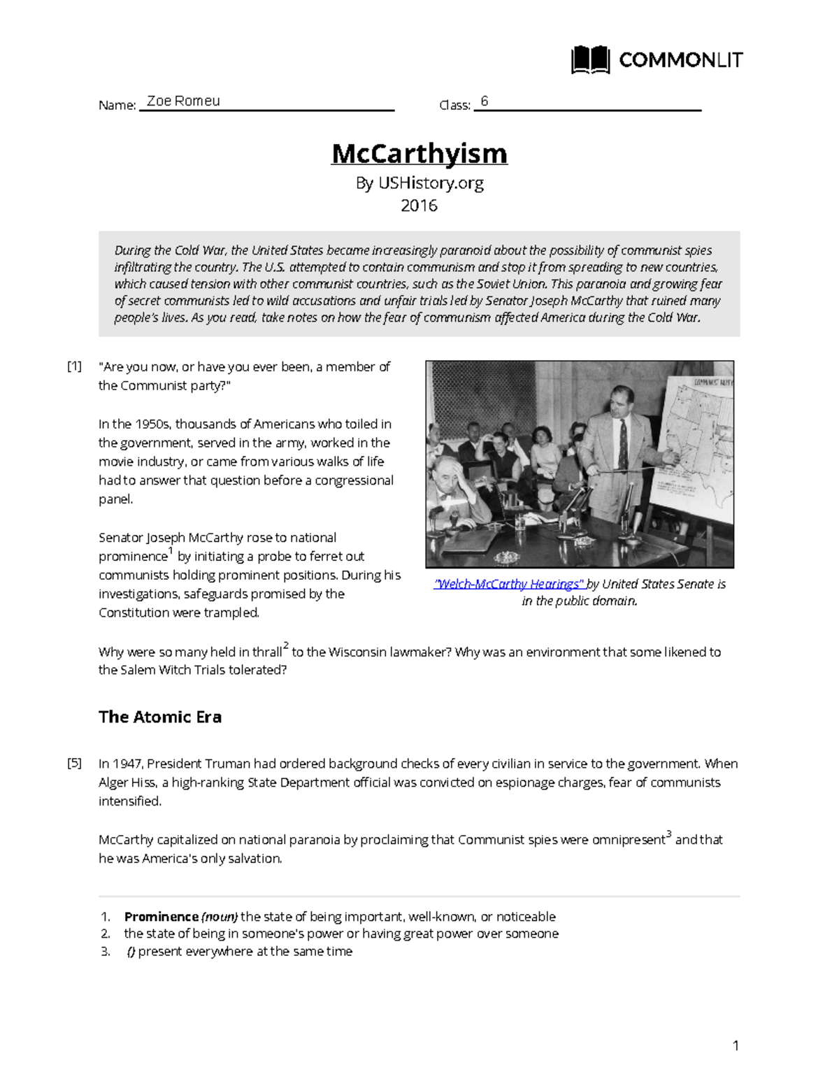 Mc Carthyism-teacher-12 - Name: Class: "Welch-McCarthy Hearings" by ...