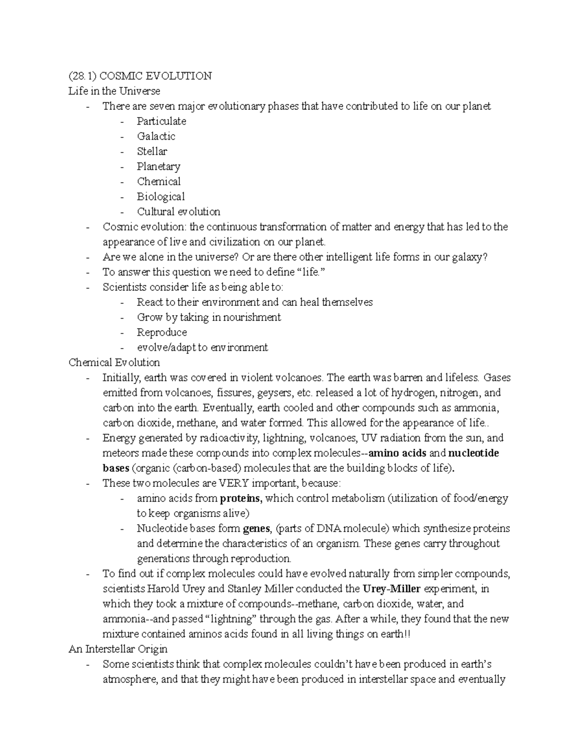 ASTR­1303 Chapter 28 Notes - (28) COSMIC EVOLUTION Life in the Universe ...