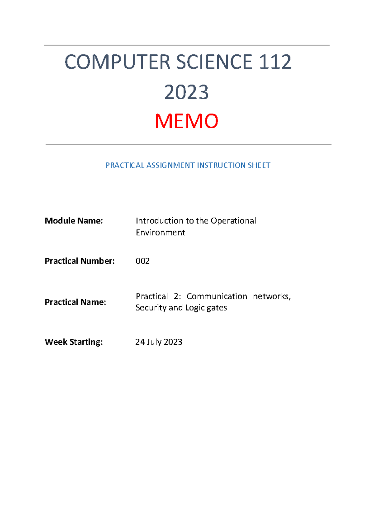 CS112 Intro Prac 2 memo - cs 112 prac 2 - COMPUTER SCIENCE 112 2023 MEMO PRACTICAL ASSIGNMENT ...