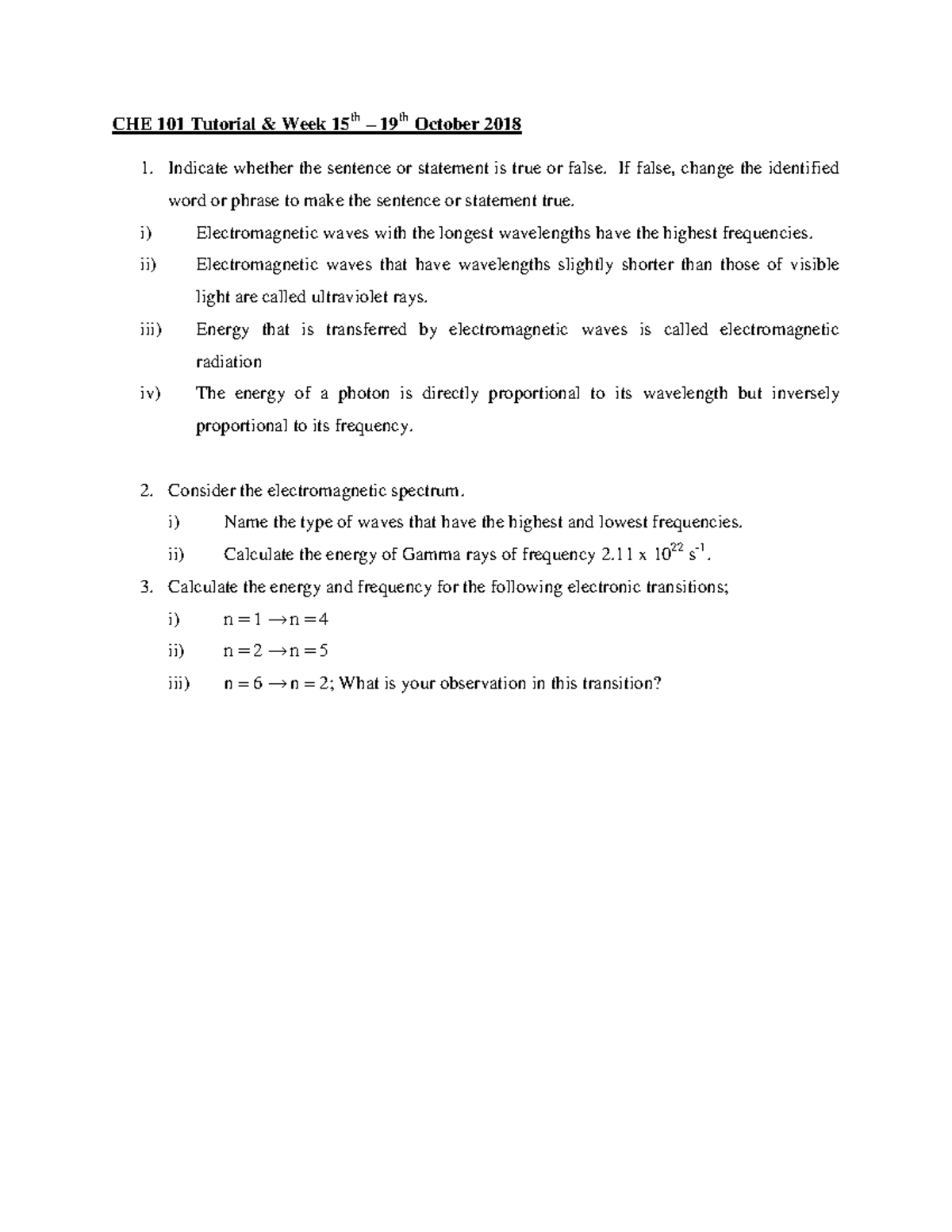 CHE 101 Tutorial 7 Week 15 -19 October 2018 - CHE 101 Tutorial & Week ...