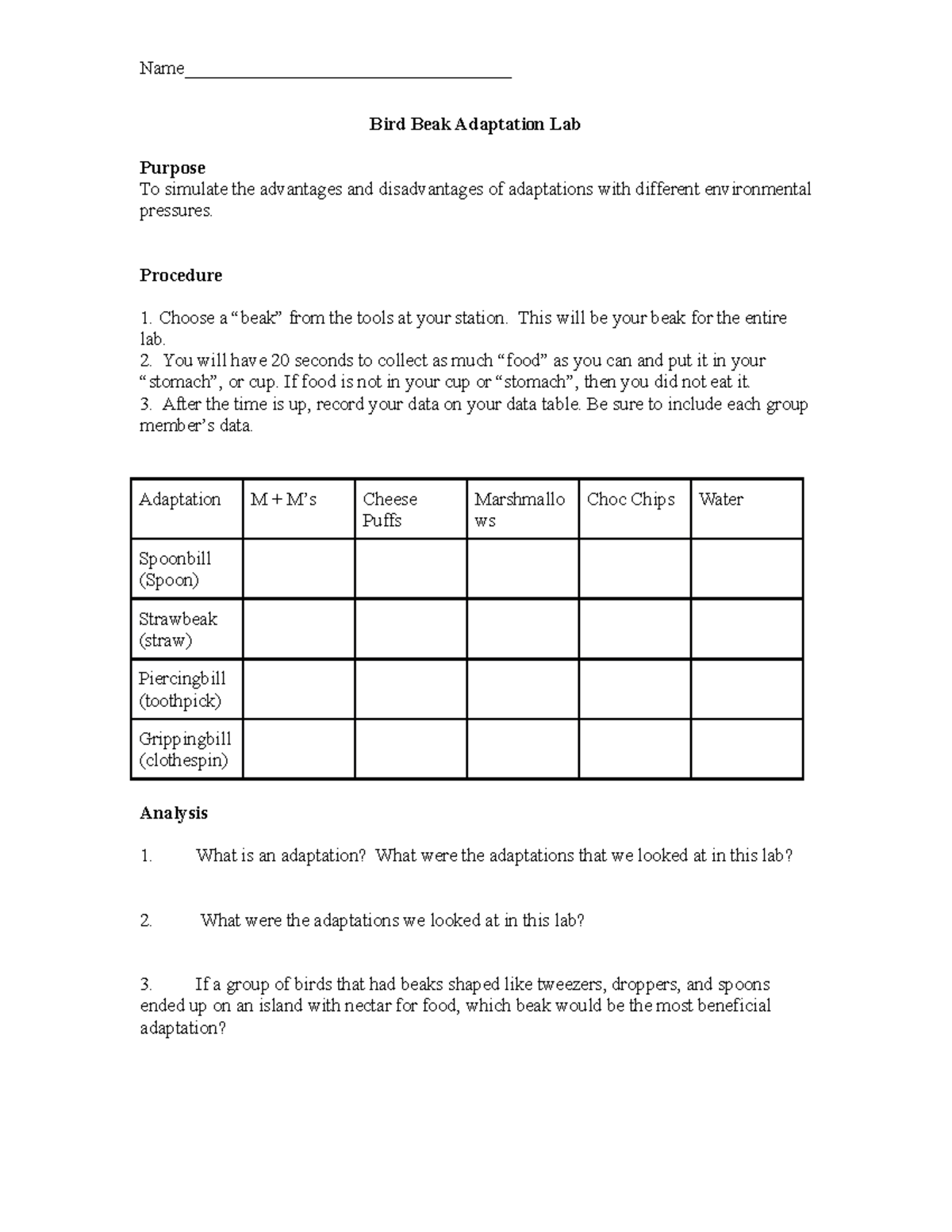 Copy of Bird Beak Adaptation Lab - Name ...