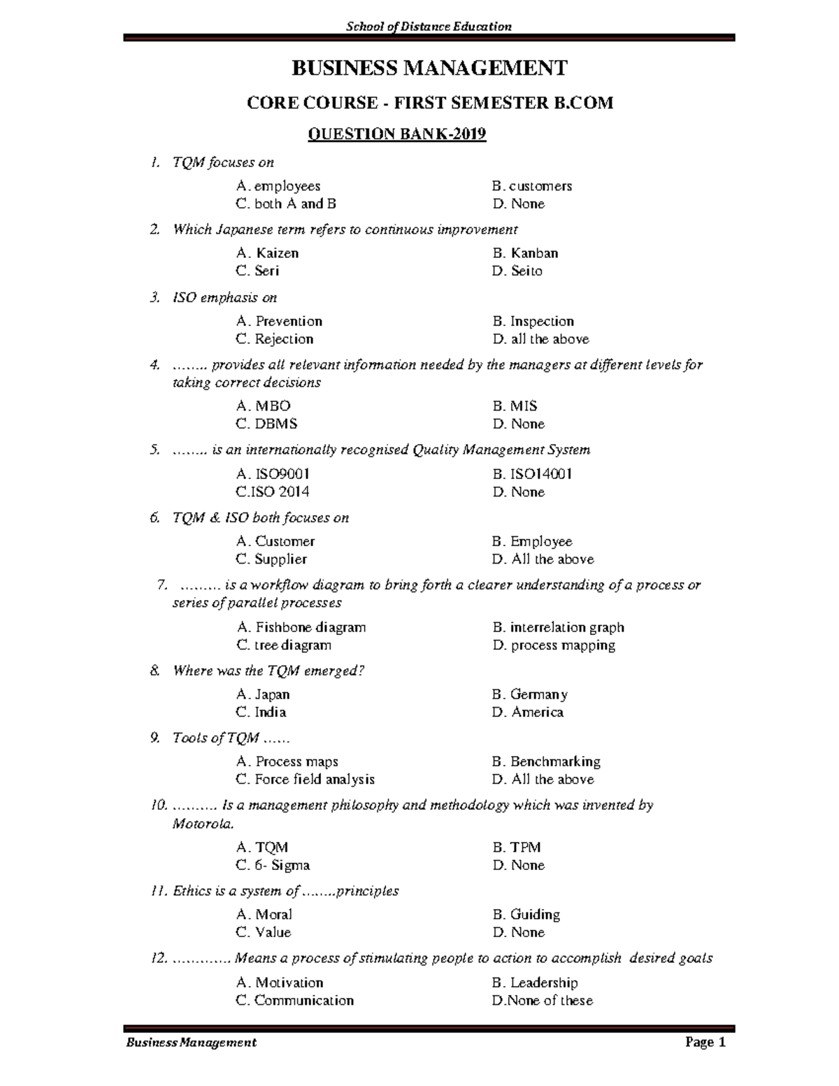 MCQ-I Sem-Corrected-Business Management - BUSINESS MANAGEMENT CORE ...