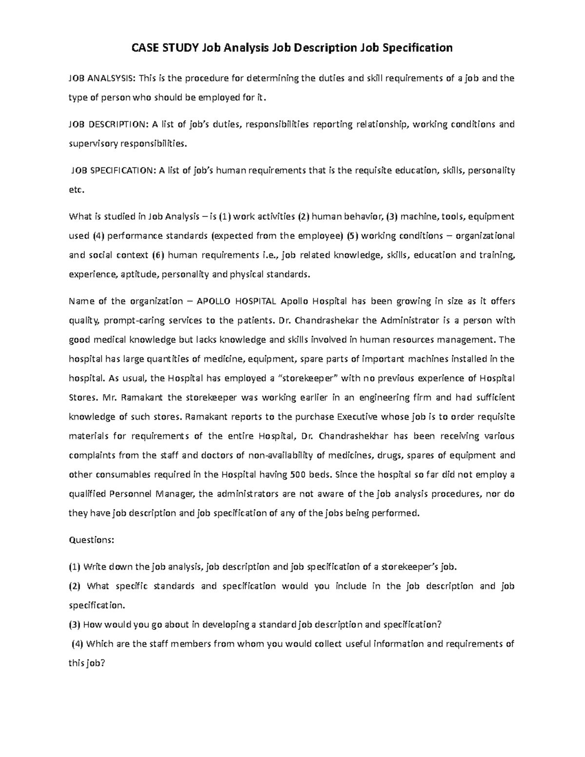CASE Study Job Analysis Job Description Job Specification - CASE STUDY ...