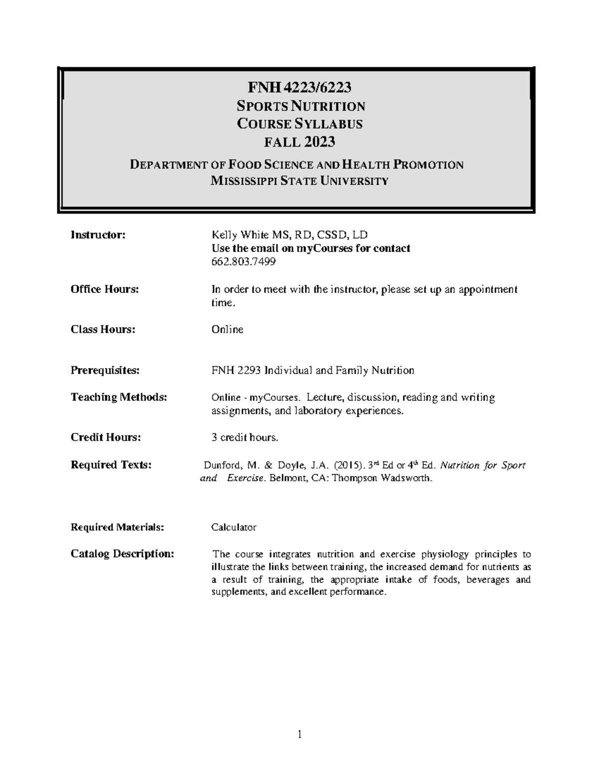 Sports Nutrition Syllabus Fall 2023 - FNH 4223/ SPORTS NUTRITION COURSE SYLLABUS FALL 2023 - Studocu