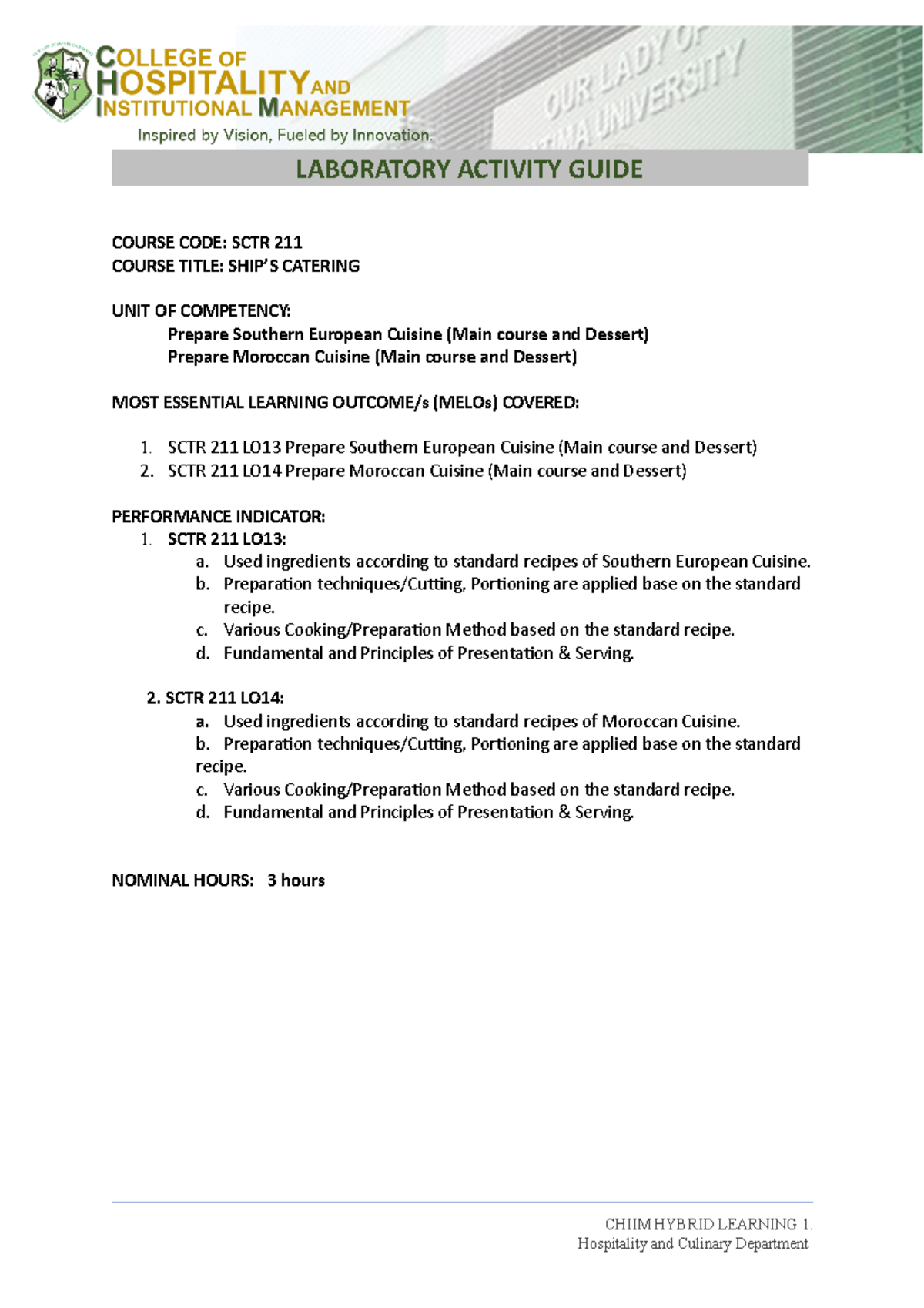 WEEK 16 Laboratory Activity ( Southern European Cuisine- Breakfast MEAL ...