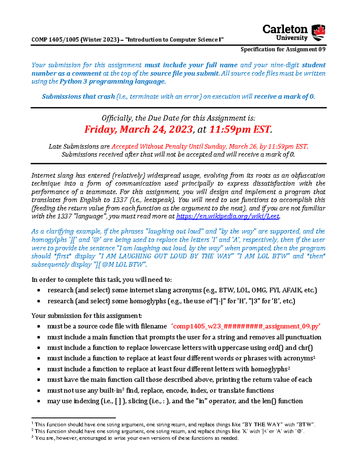 Specification for Assignment 09 - COMP 1405/1005 (Winter 2023) − "Introduction to Computer - Studocu