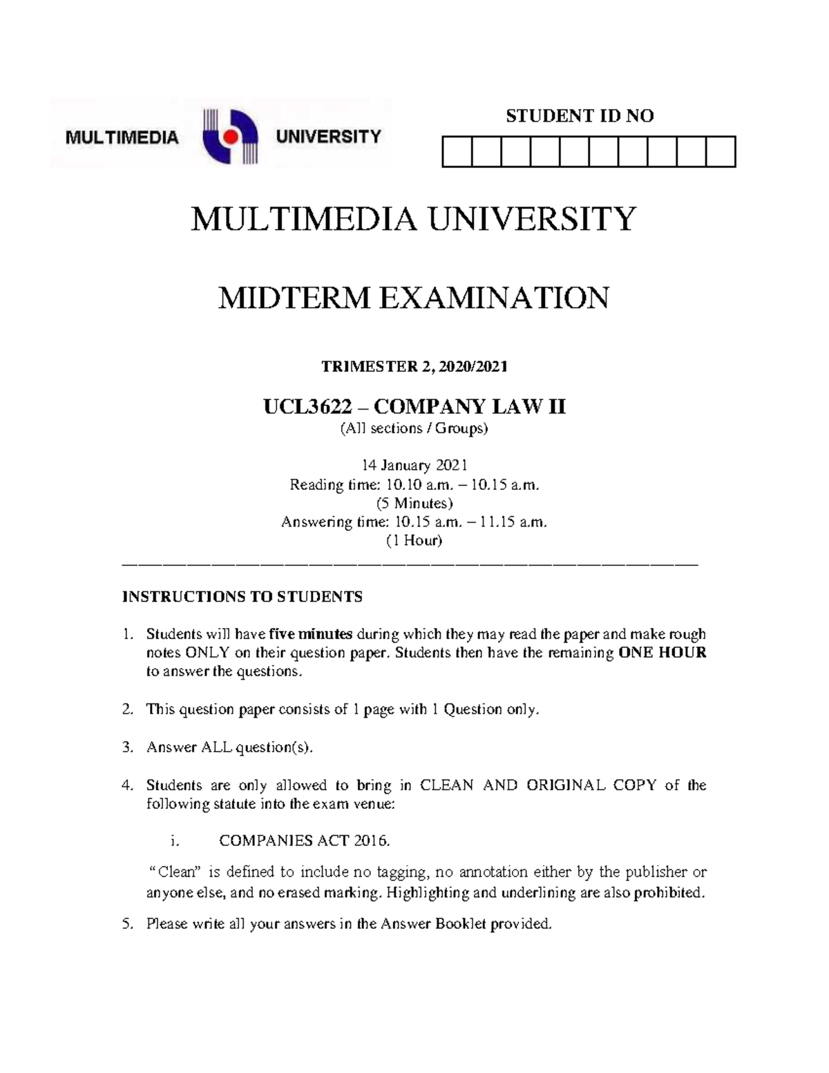 UCL3622 - 2020 - Midterm Exam - Question - STUDENT ID NO MULTIMEDIA ...