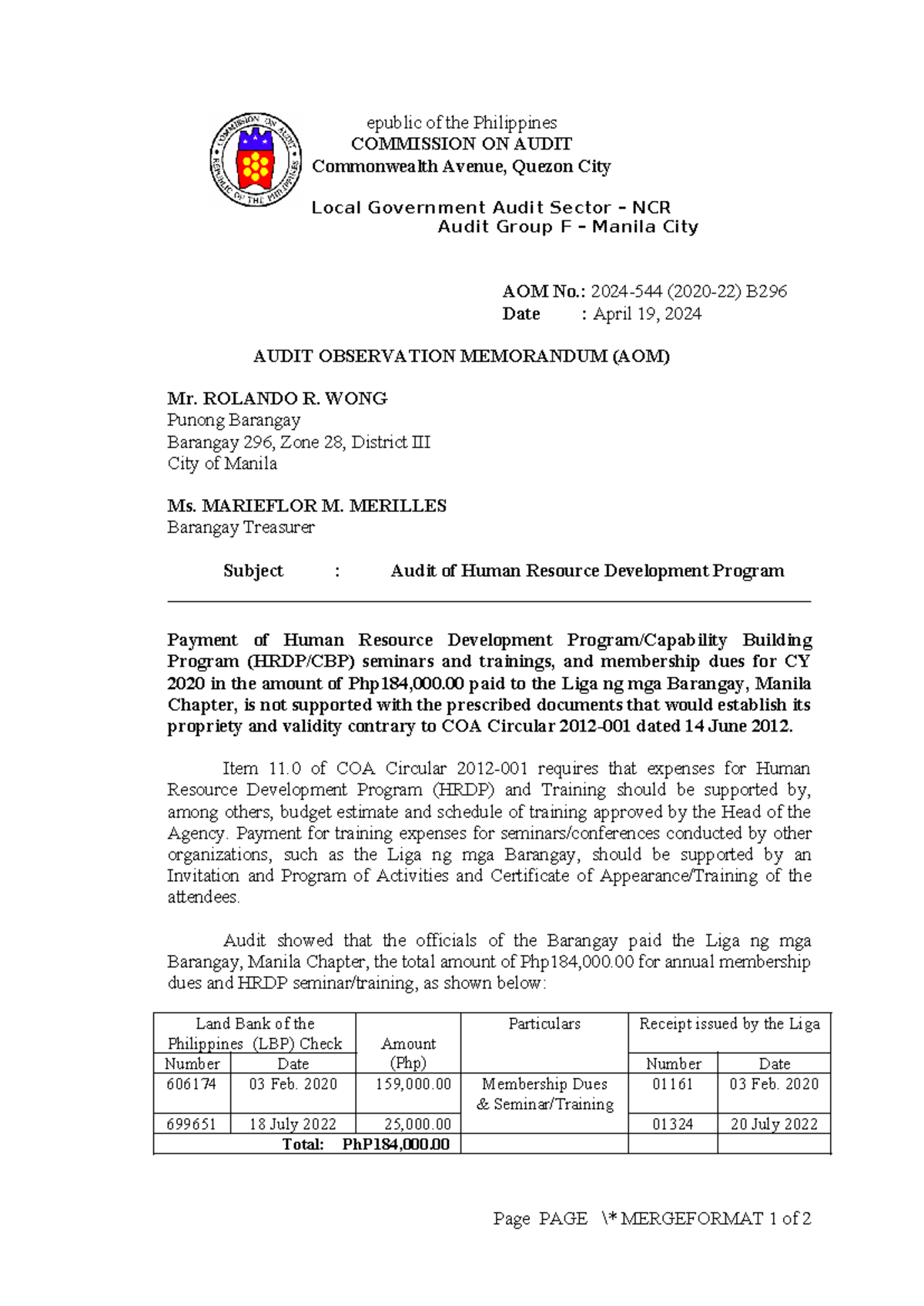 AOMLiga 296 - Sample AOM - epublic of the Philippines COMMISSION ON ...
