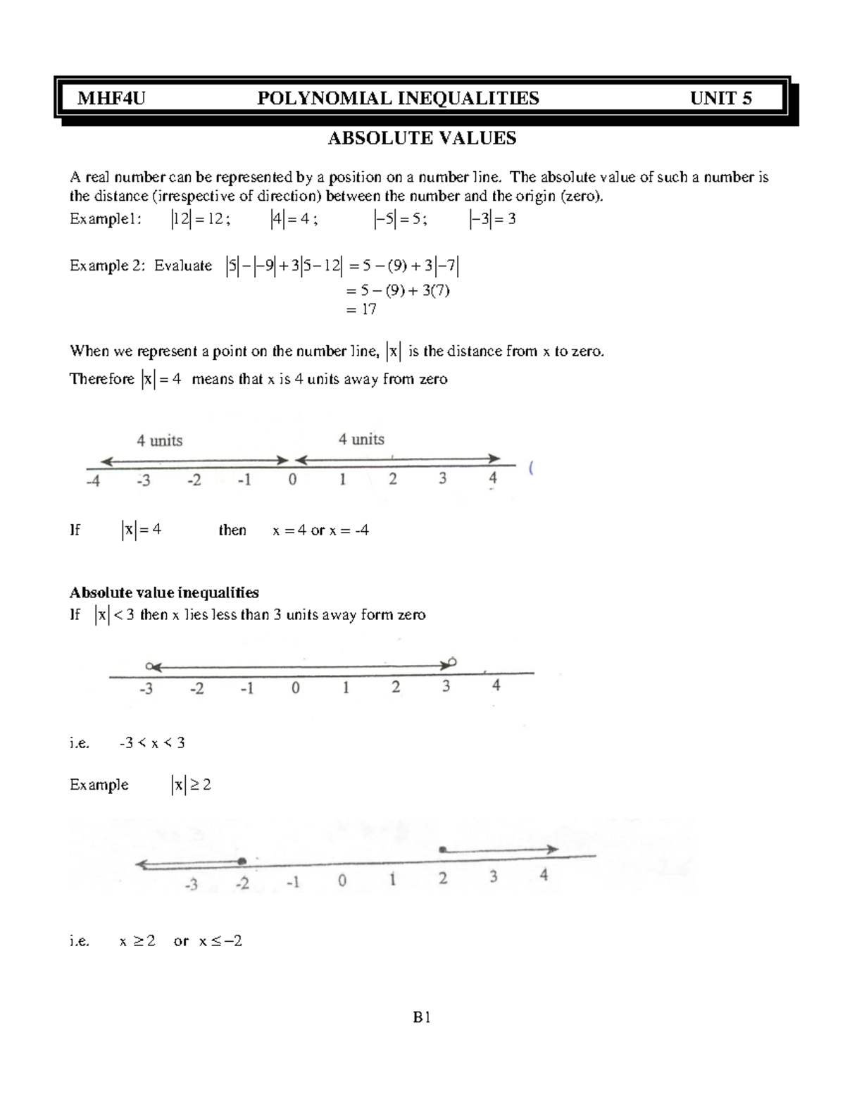 5B - Learning Guide pages B1-B2 - MHF4U POLYNOMIAL INEQUALITIES UNIT 5 ...