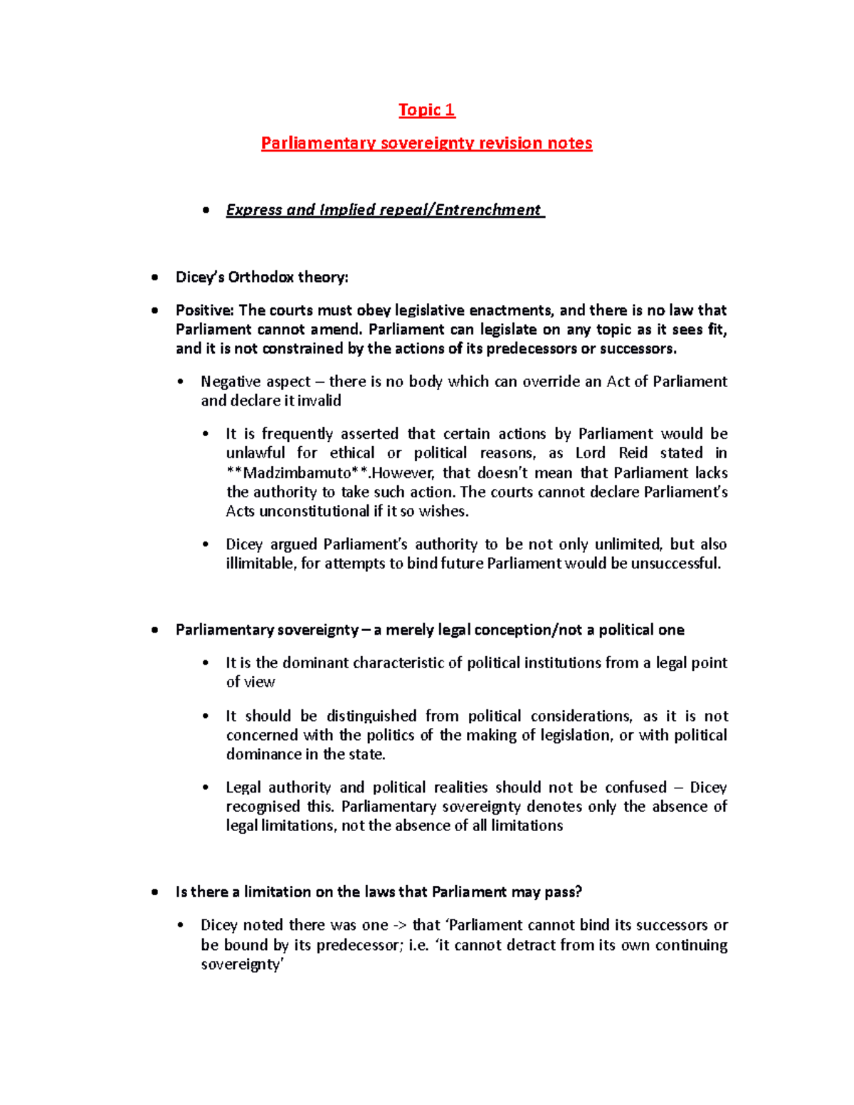 Parliamentary sovereignty revision notes - Parliament can legislate on ...