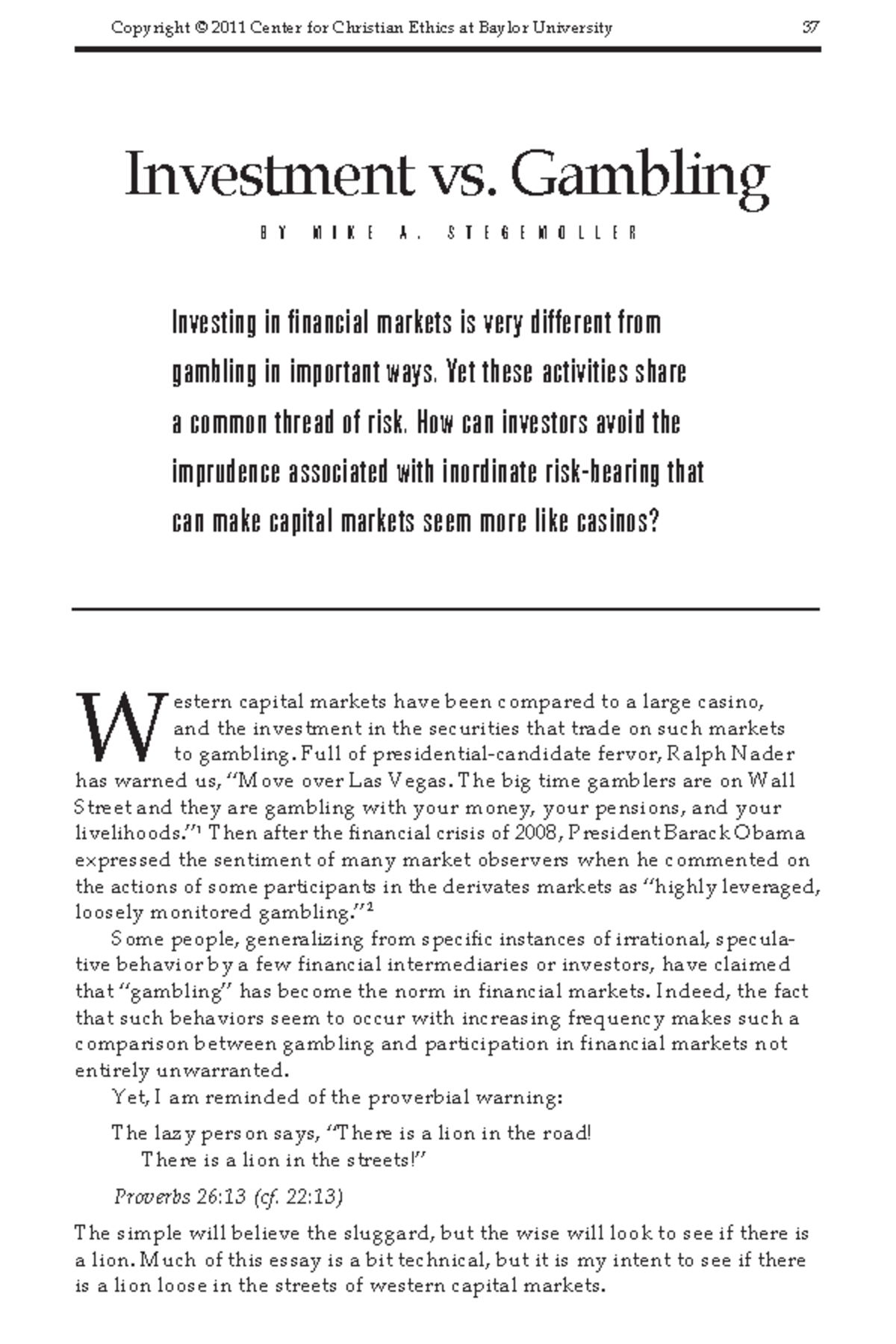 Gambling Article Stegemoller - Copyright © 2011 Center for Christian ...