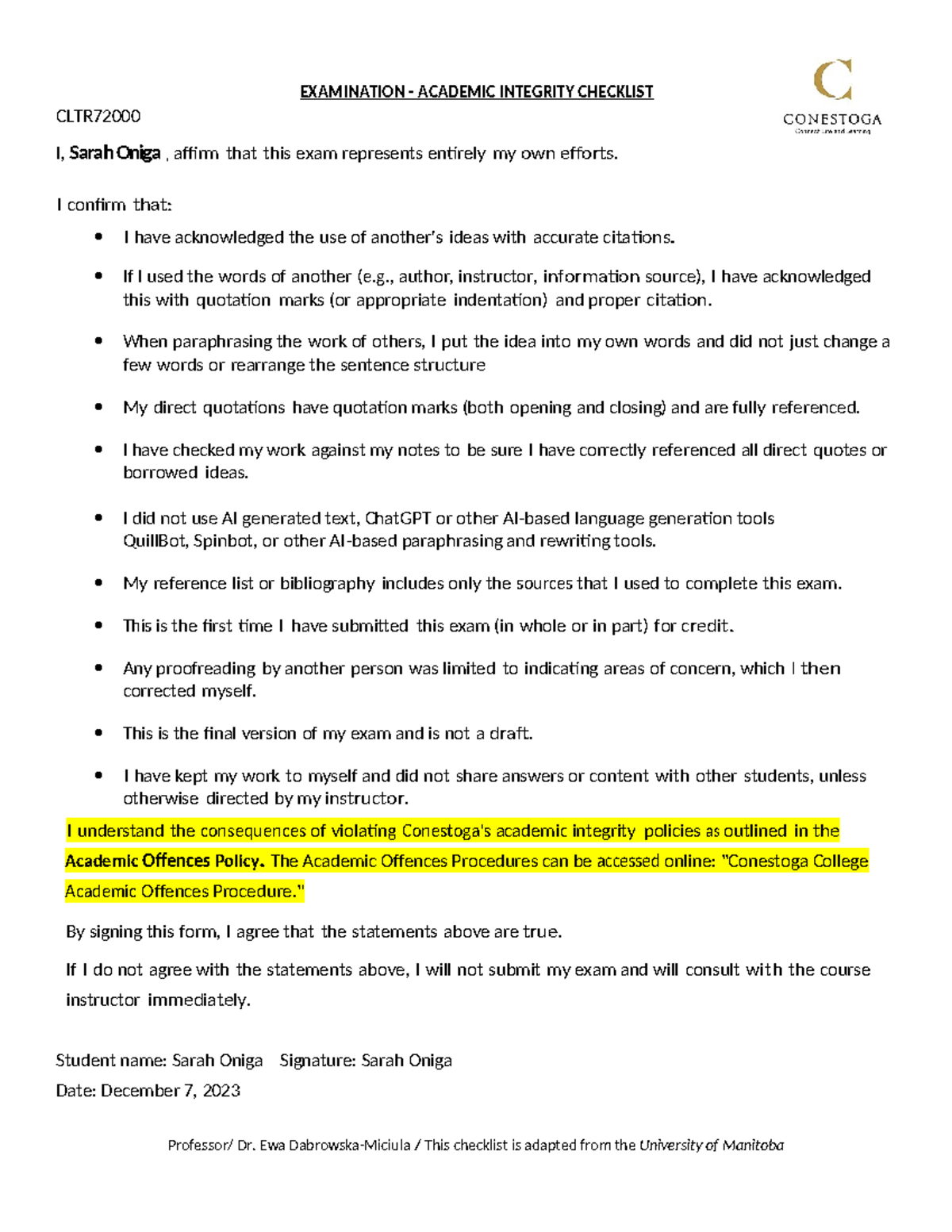 Academic Integrity Checklist 23 - Sarah Oniga - EXAMINATION - ACADEMIC ...