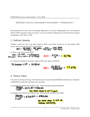 Problem Set #5 - Fall 2022 - MGMT326 Financial Management - Fall 2022 ...