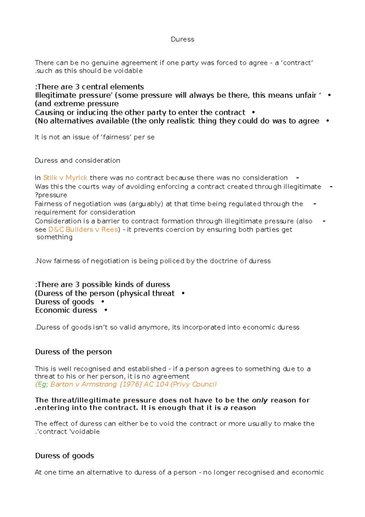 Duress Civil word - notes - Duress There can be no genuine agreement if ...