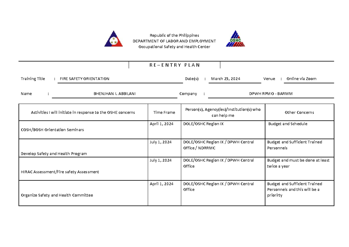 FSO Re-entry Plan Abbilani - Republic of the Philippines DEPARTMENT OF LABOR AND EMPLOYMENT ...