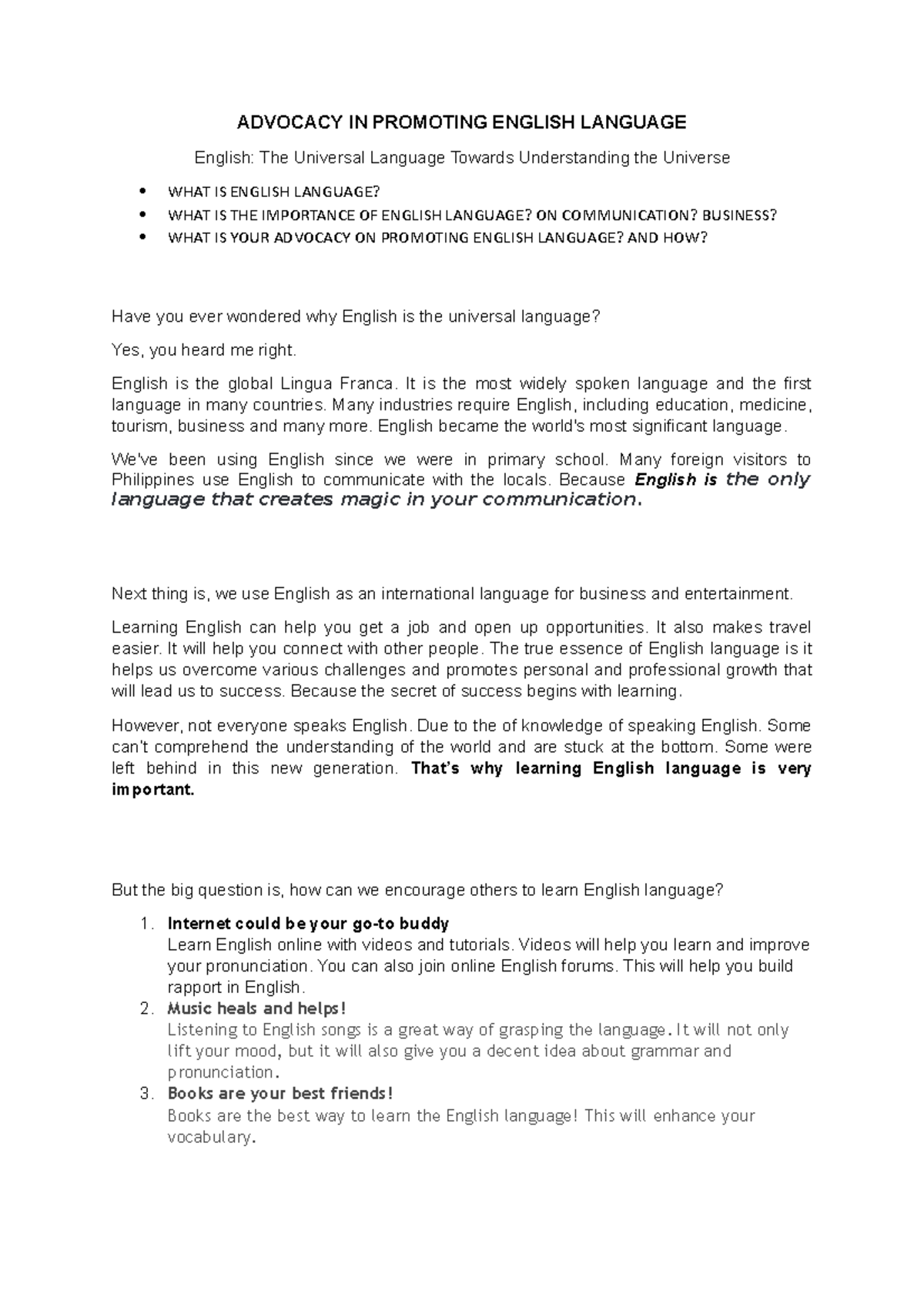 Final- Advocacy IN Promoting English Language - ADVOCACY IN PROMOTING ...