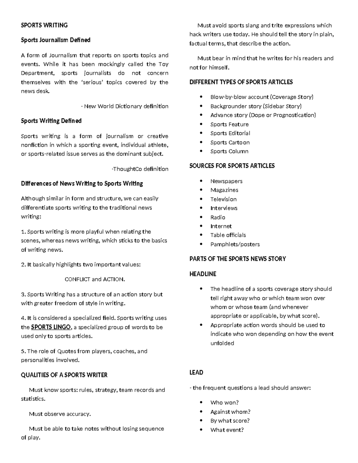 Campus Reviewer - SPORTS WRITING Sports Journalism Defined A form of ...