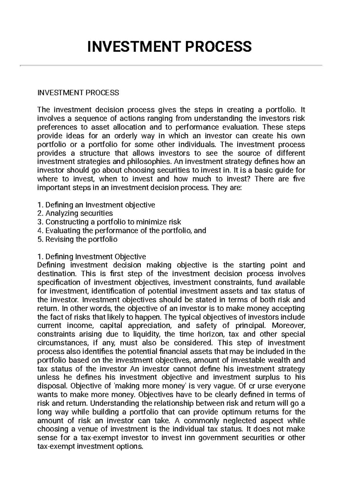 Lecture Note - Investment Process - INVESTMENT PROCESS INVESTMENT ...