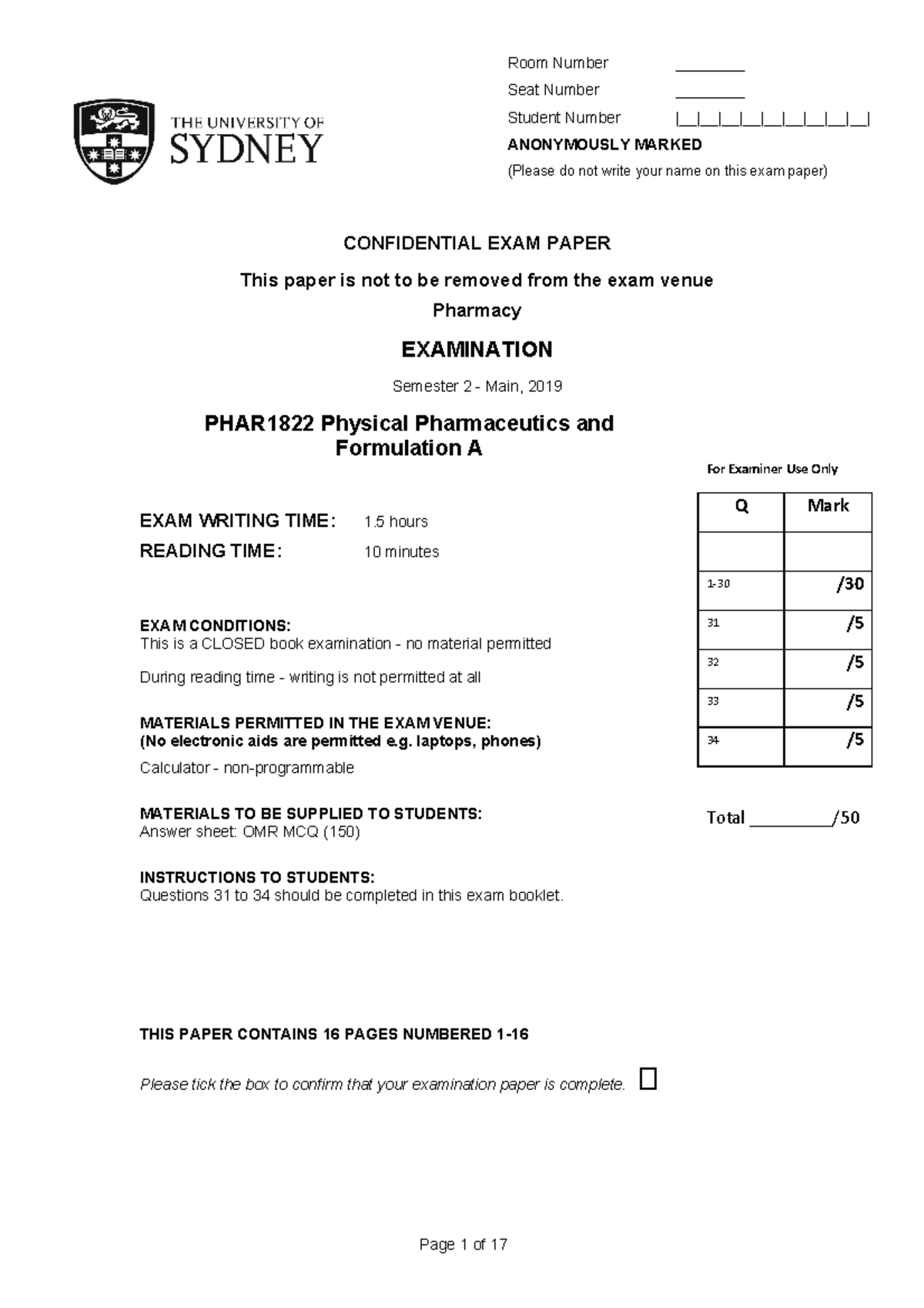 2019 - Exam answers - CONFIDENTIAL EXAM PAPER This paper is not to be ...