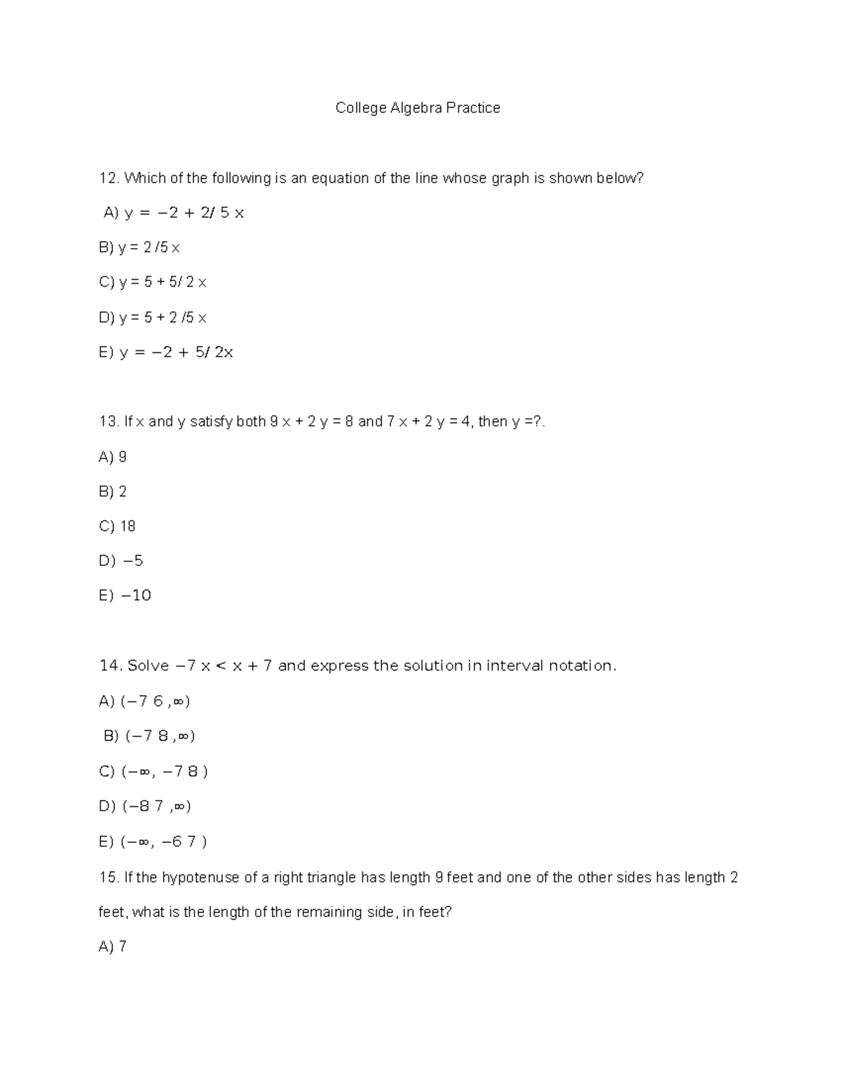 College Algebra Practice - College Algebra Practice Which of the ...