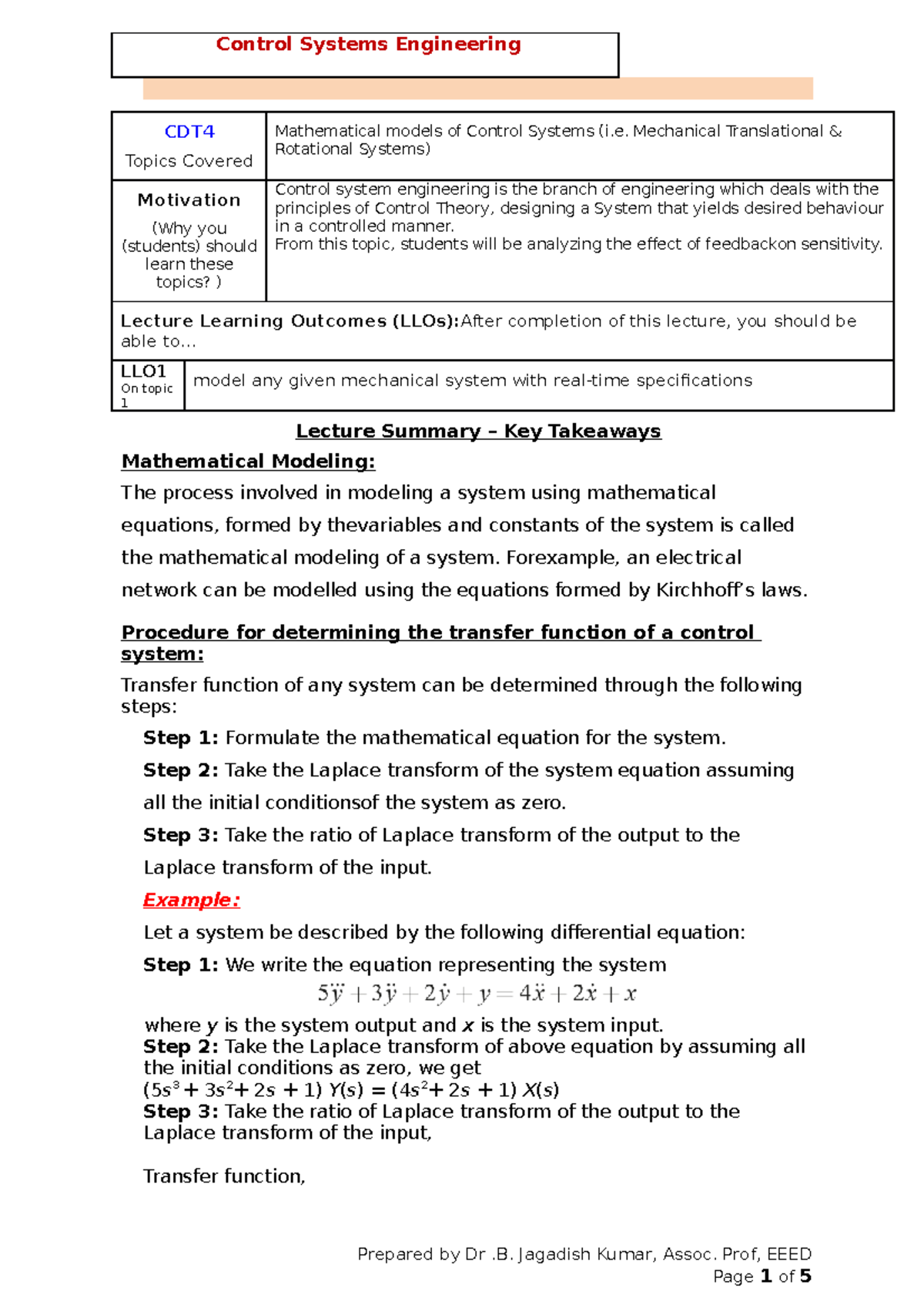 Mathematical models of Control Systems - Mechanical Translational ...