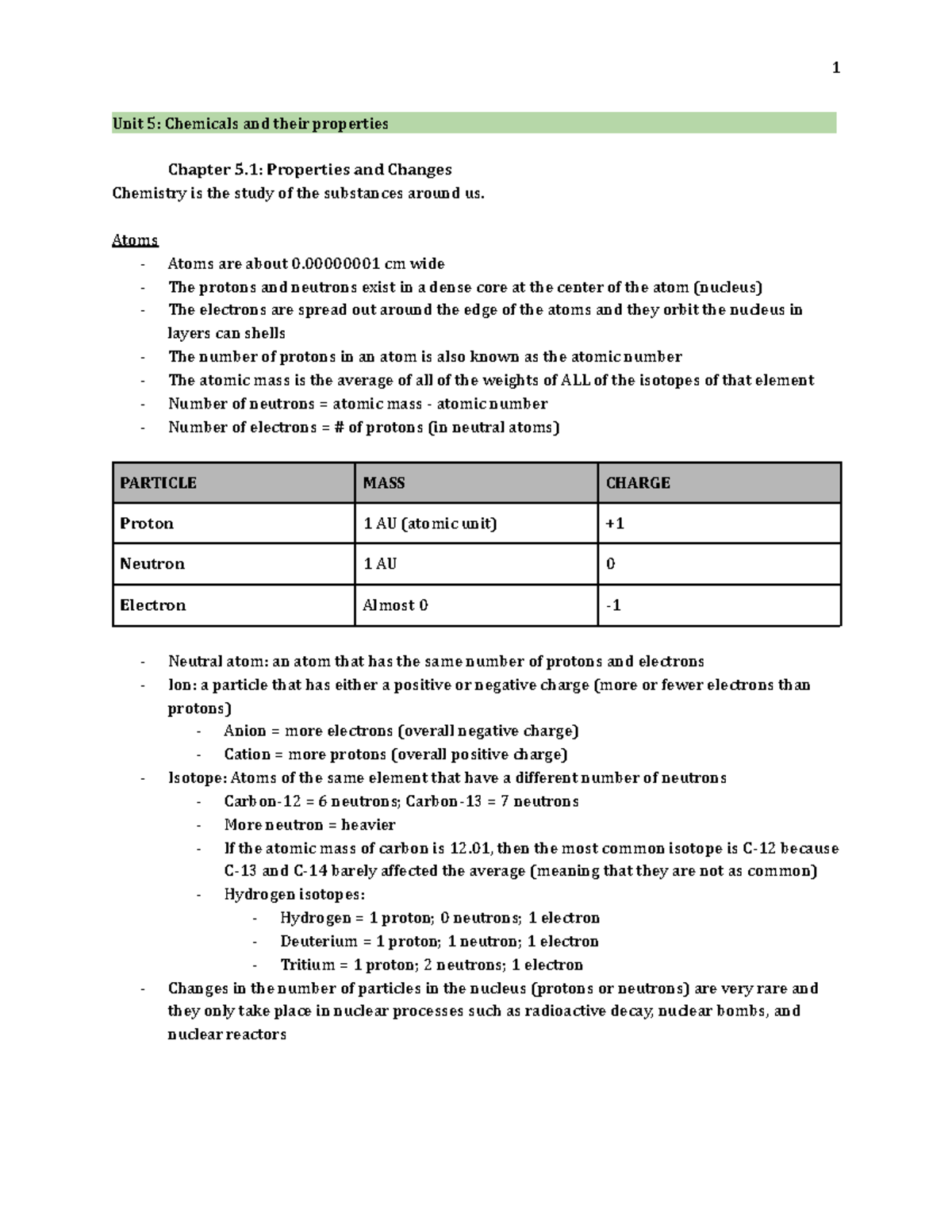 Biology - Chemistry review: UNIT 5 - Notes - Unit 5: Chemicals and ...